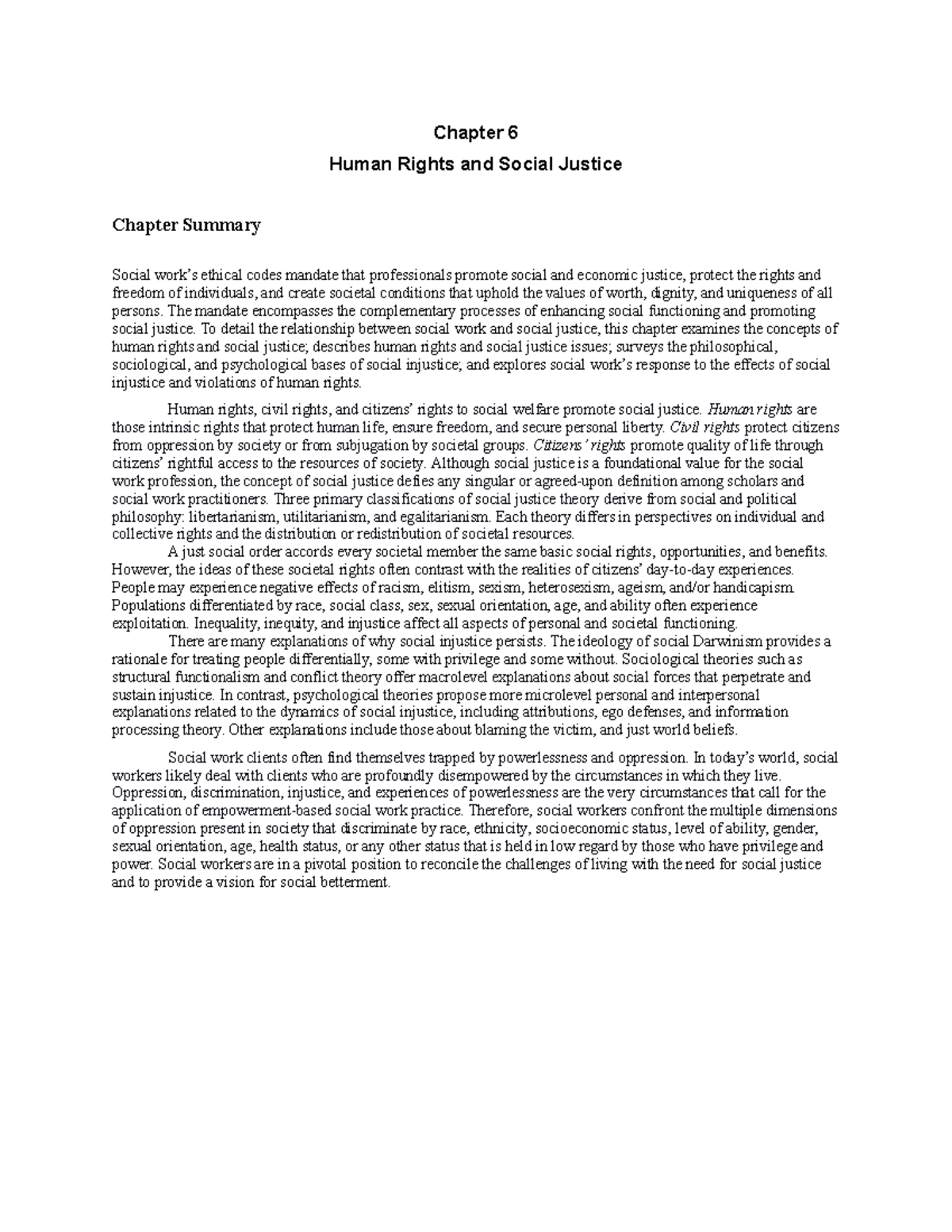Chapter 6 summary - Social Work - Chapter 6 Human Rights and Social ...