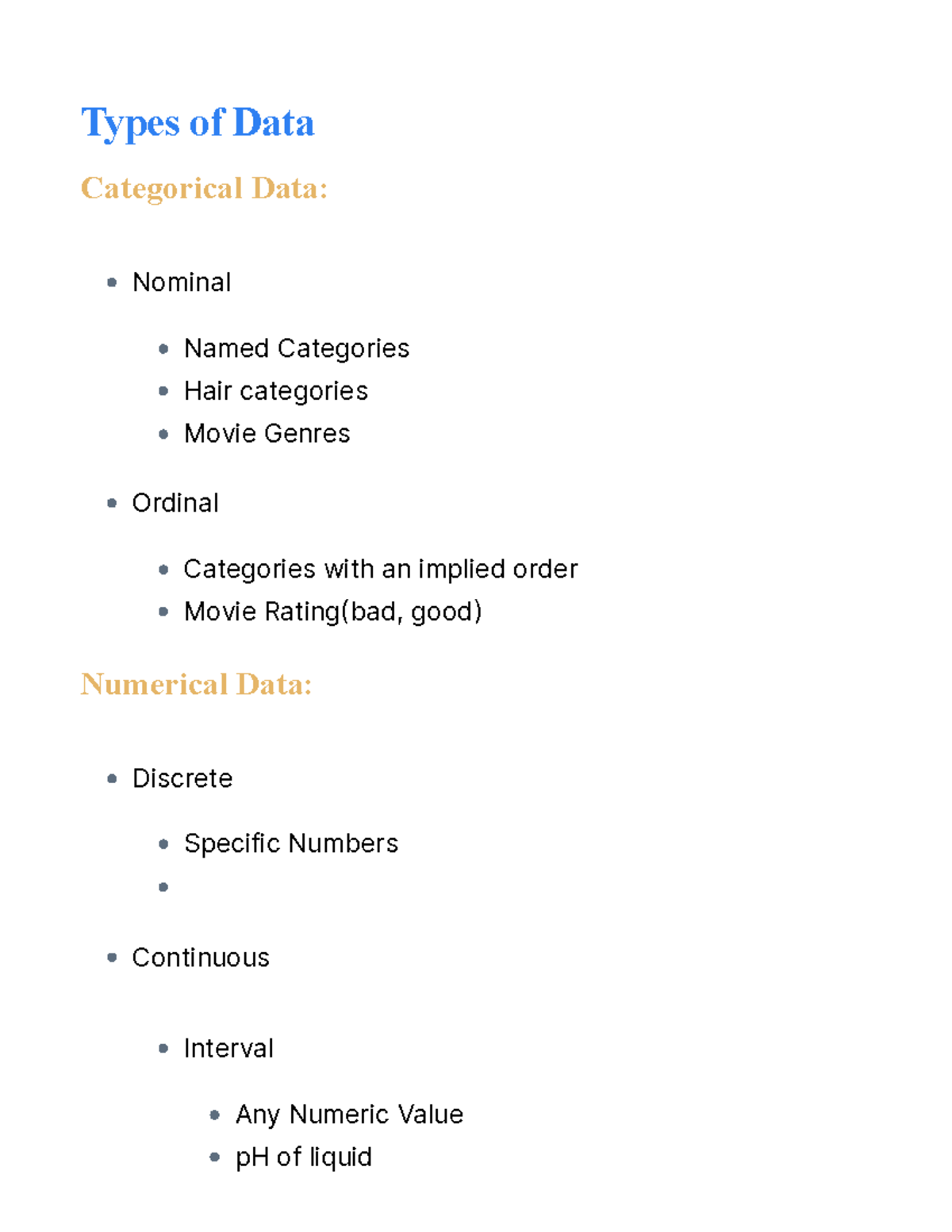 EDA Theory - Types of Data Categorical Data: Nominal Named Categories Hair categories Movie ...