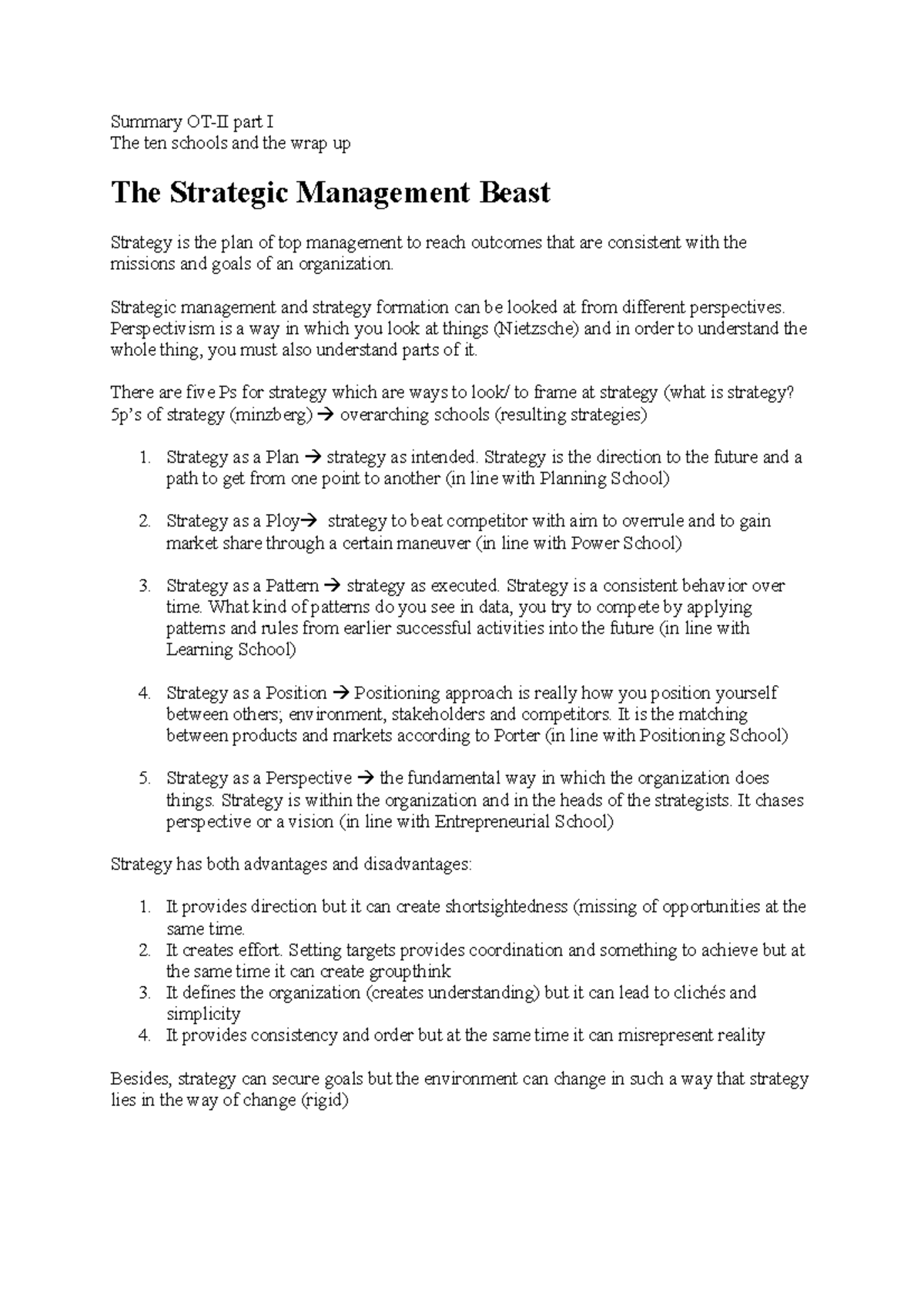 Samenvatting OT-II - Strategy Safari - Summary part I The ten schools ...