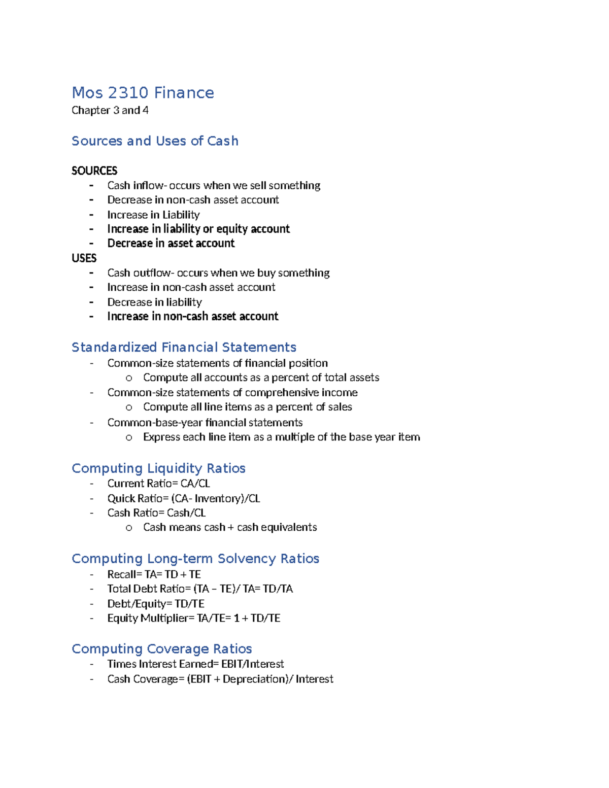 Lecture 2 (chp 3 & 4) - Mos 2310 Finance Chapter 3 and 4 Sources and ...