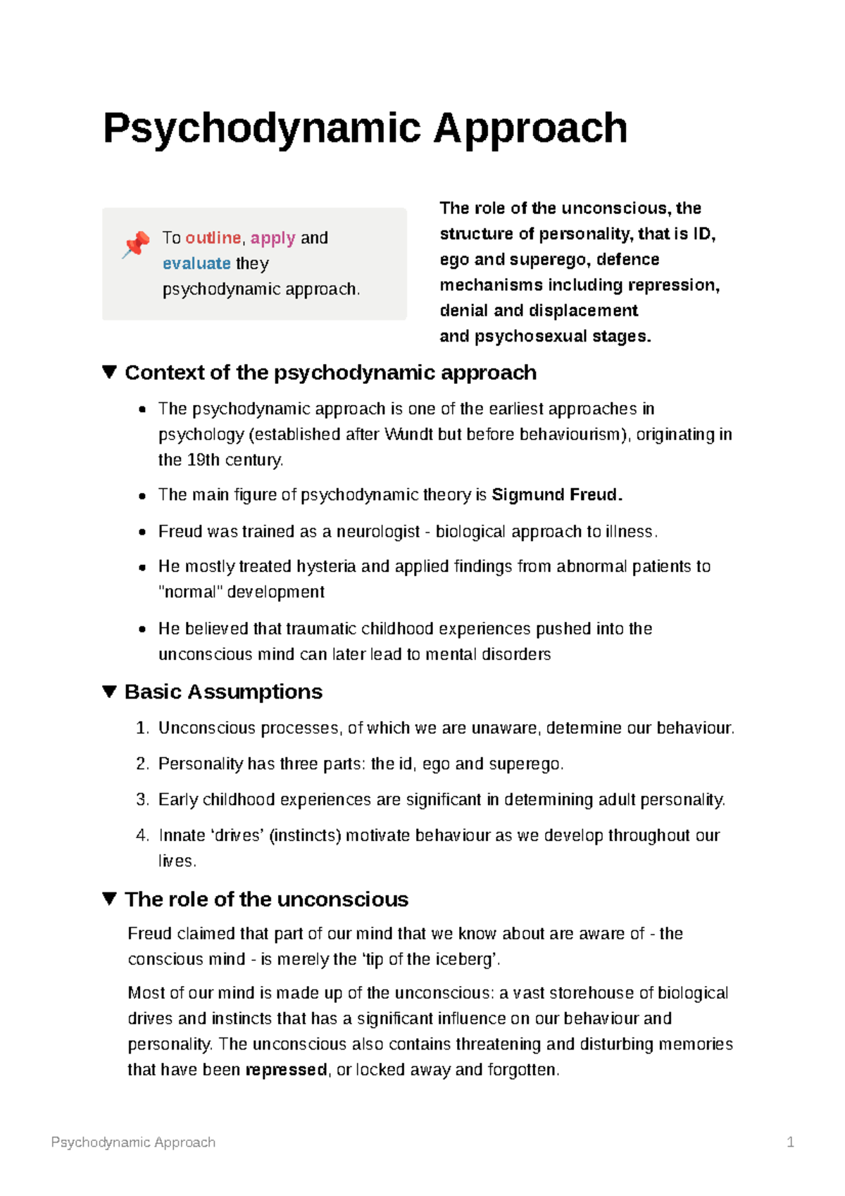 Psychodynamic Approach - The role of the unconscious, the structure of ...