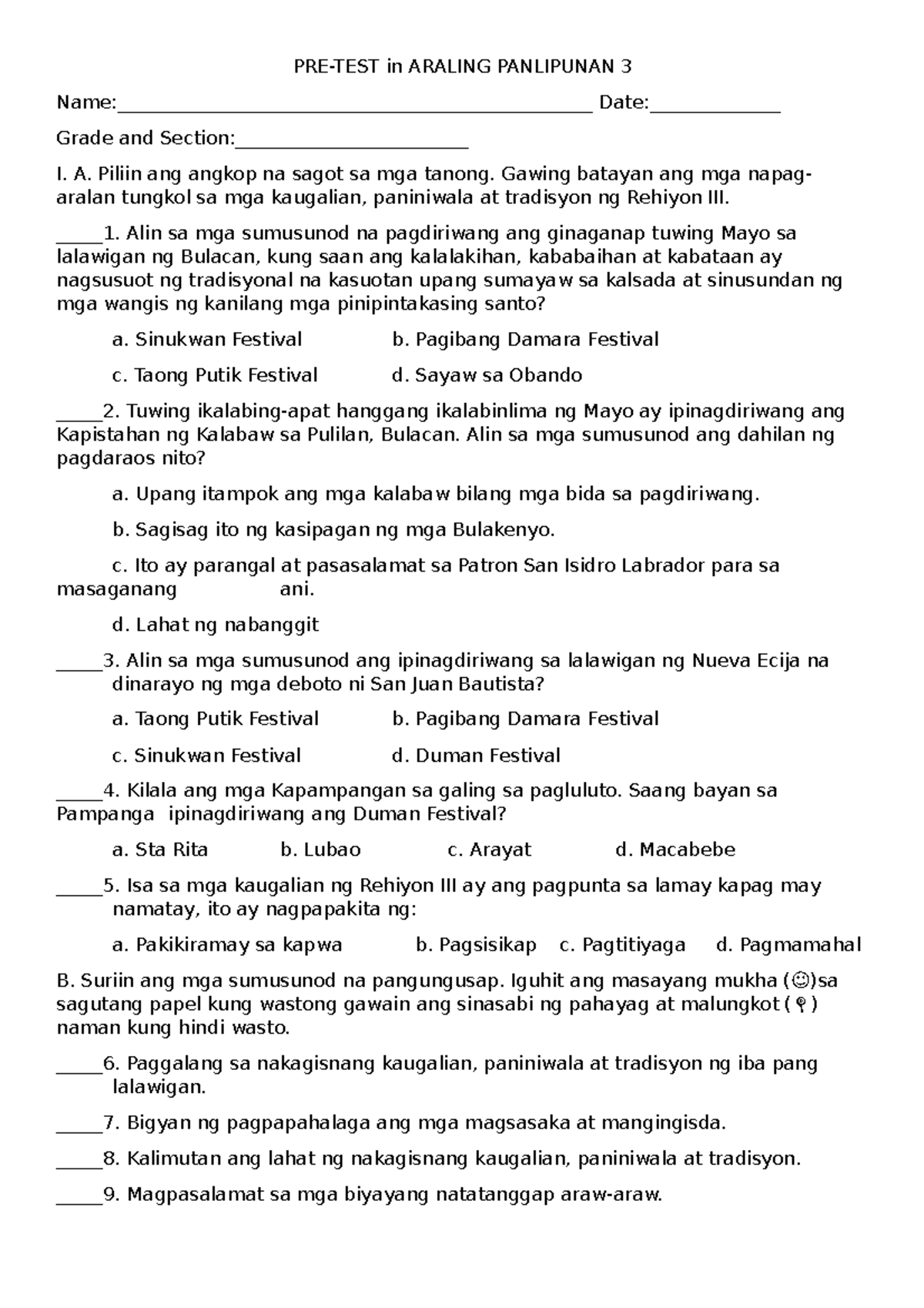 PRE TEST IN AP FEB 20 2023 - PRE-TEST in ARALING PANLIPUNAN 3 - Studocu