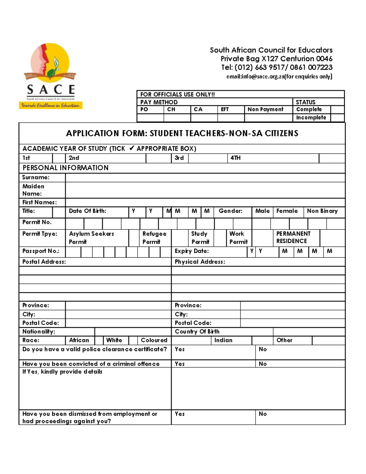 Sace 12224-2019-02-19-Application form Student teachers NON- SA - FOR ...
