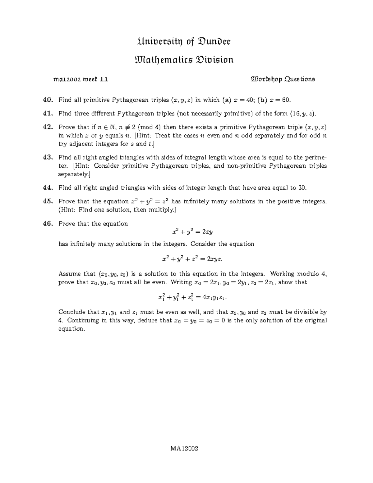 Ws11 - Worksheet 11 - University of Dundee Mathematics Division ma12002 ...