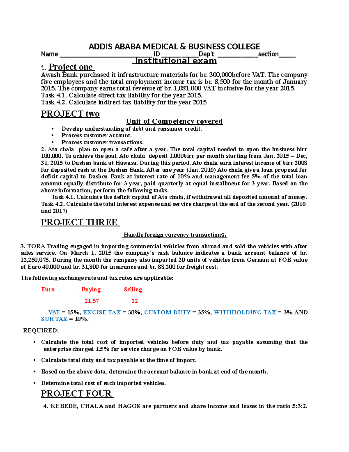 COC EXAM 1 - Accounting problems - ADDIS ABABA MEDICAL & BUSINESS ...