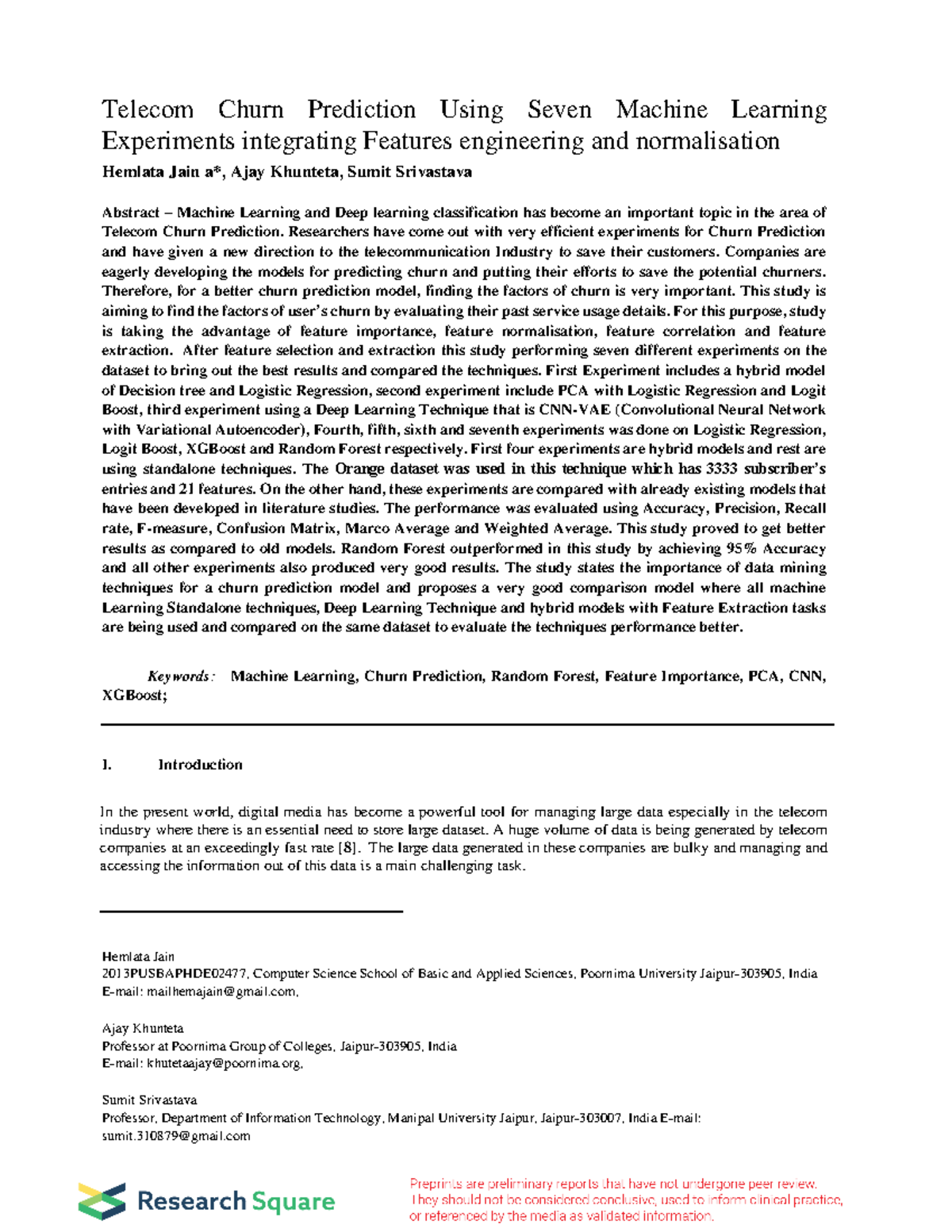 Telecom Churn Prediction Using Seven Machine Learn 1 Telecom Churn Prediction Using Seven 9308