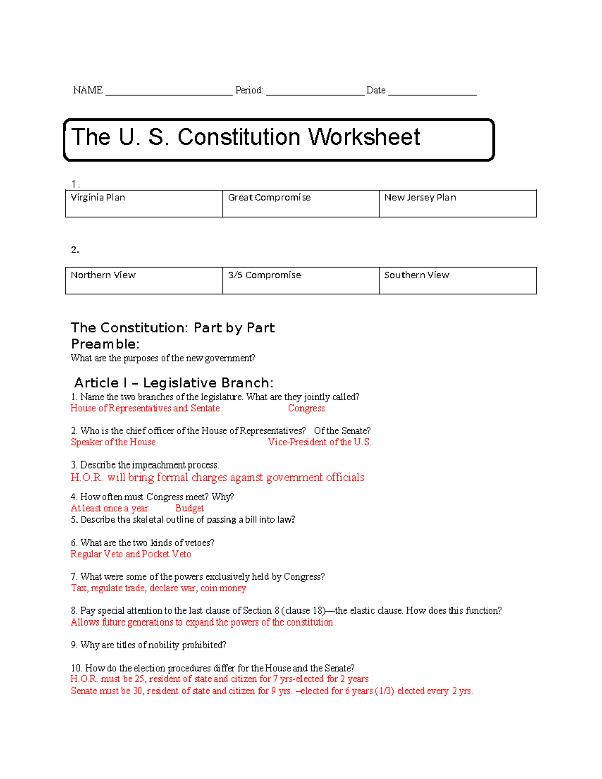 Constitution worksheet key - NAME __________________________ Period