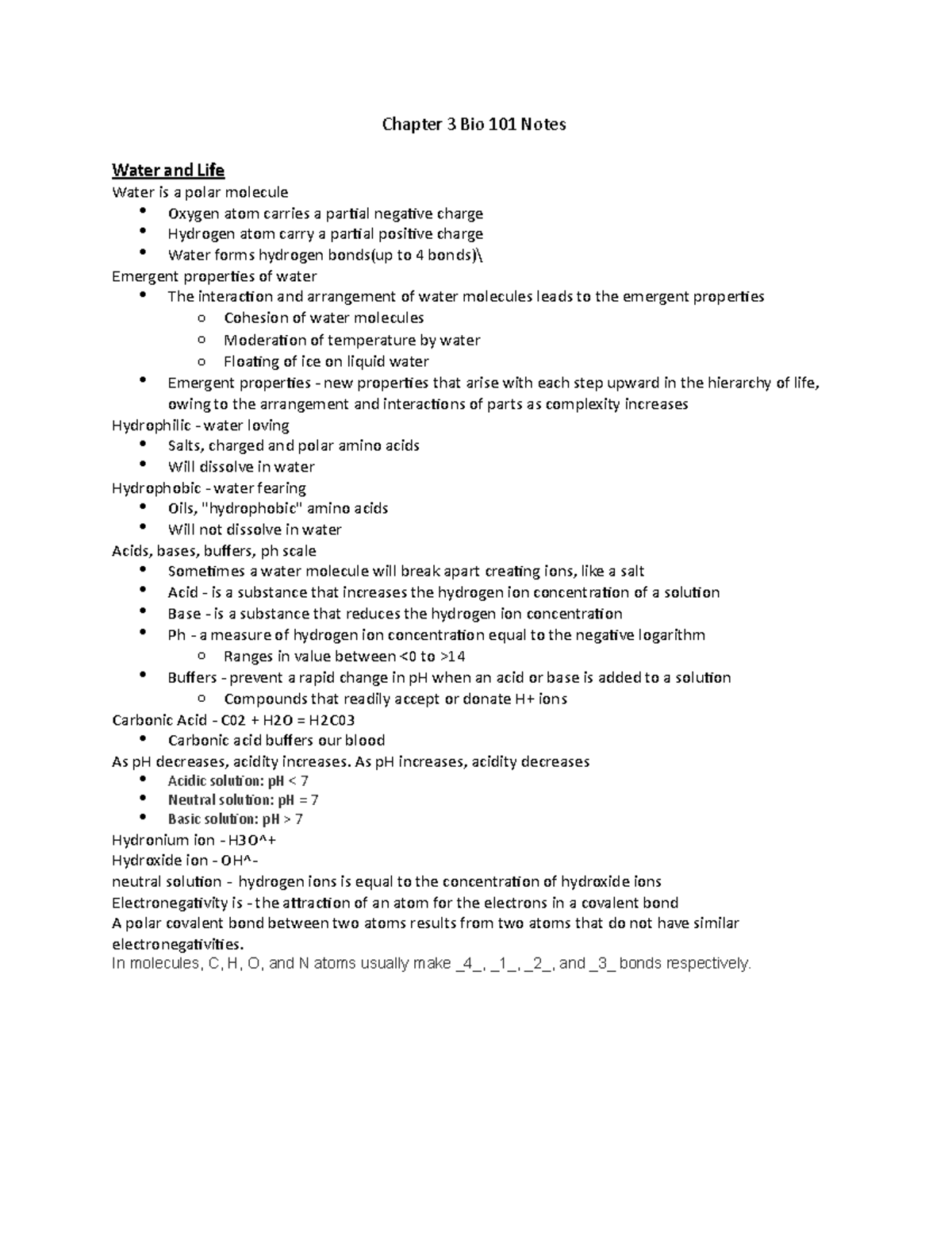 Chapter 3 Bio 101 Notes - Dr Czako - Chapter 3 Bio 101 Notes Water and ...