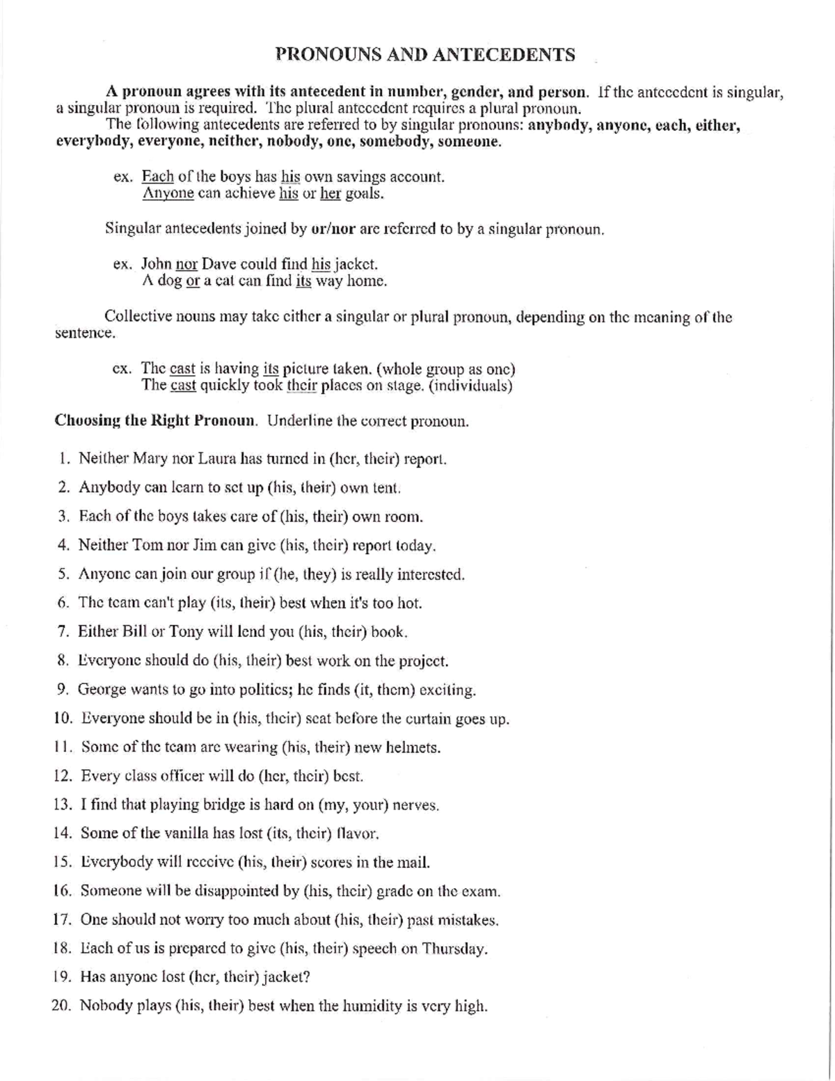 Pronoun agreement - Parts of speech - PRONOUNS AND ANTECEDENTS A ...