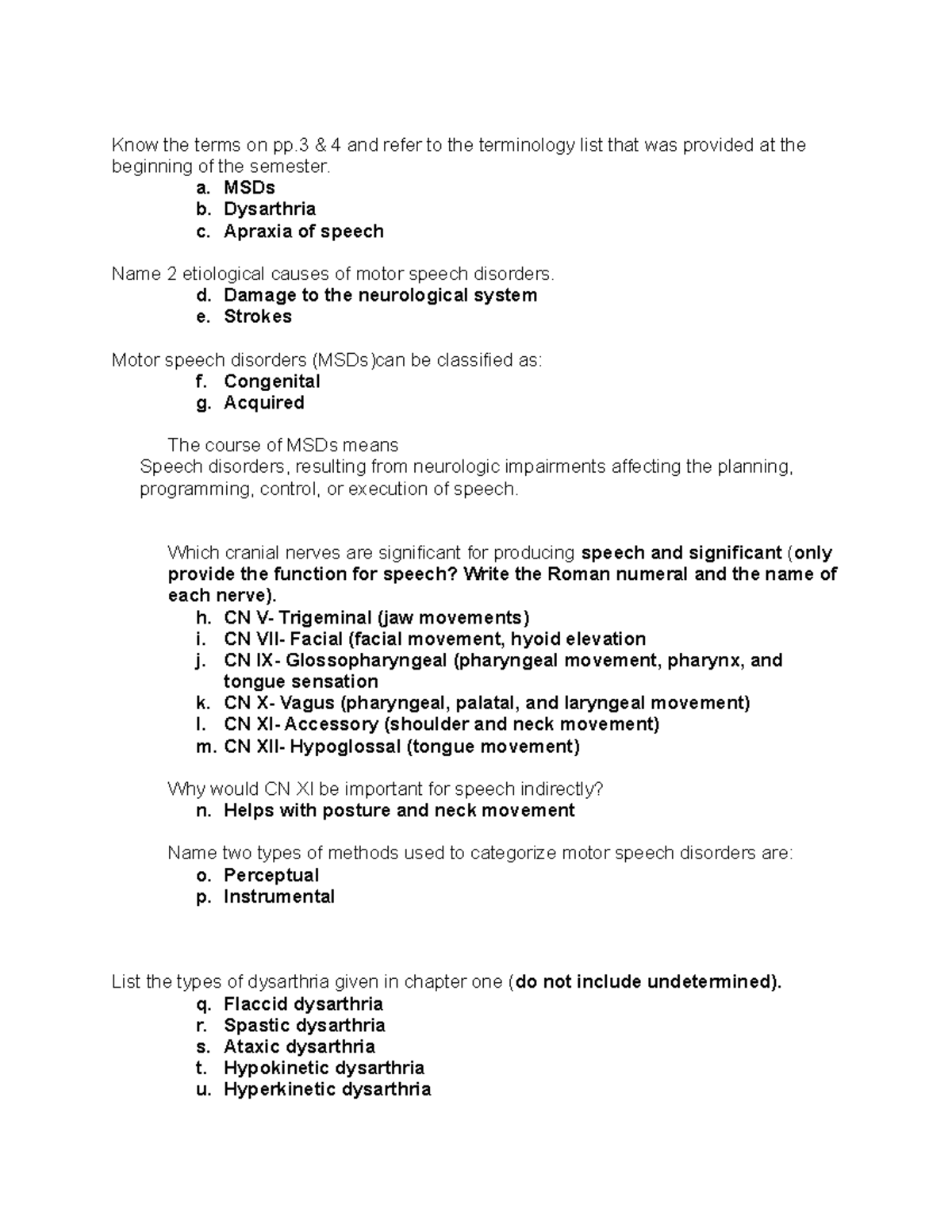 Motor Speech Disorders Worksheet - Know the terms on pp & 4 and refer ...