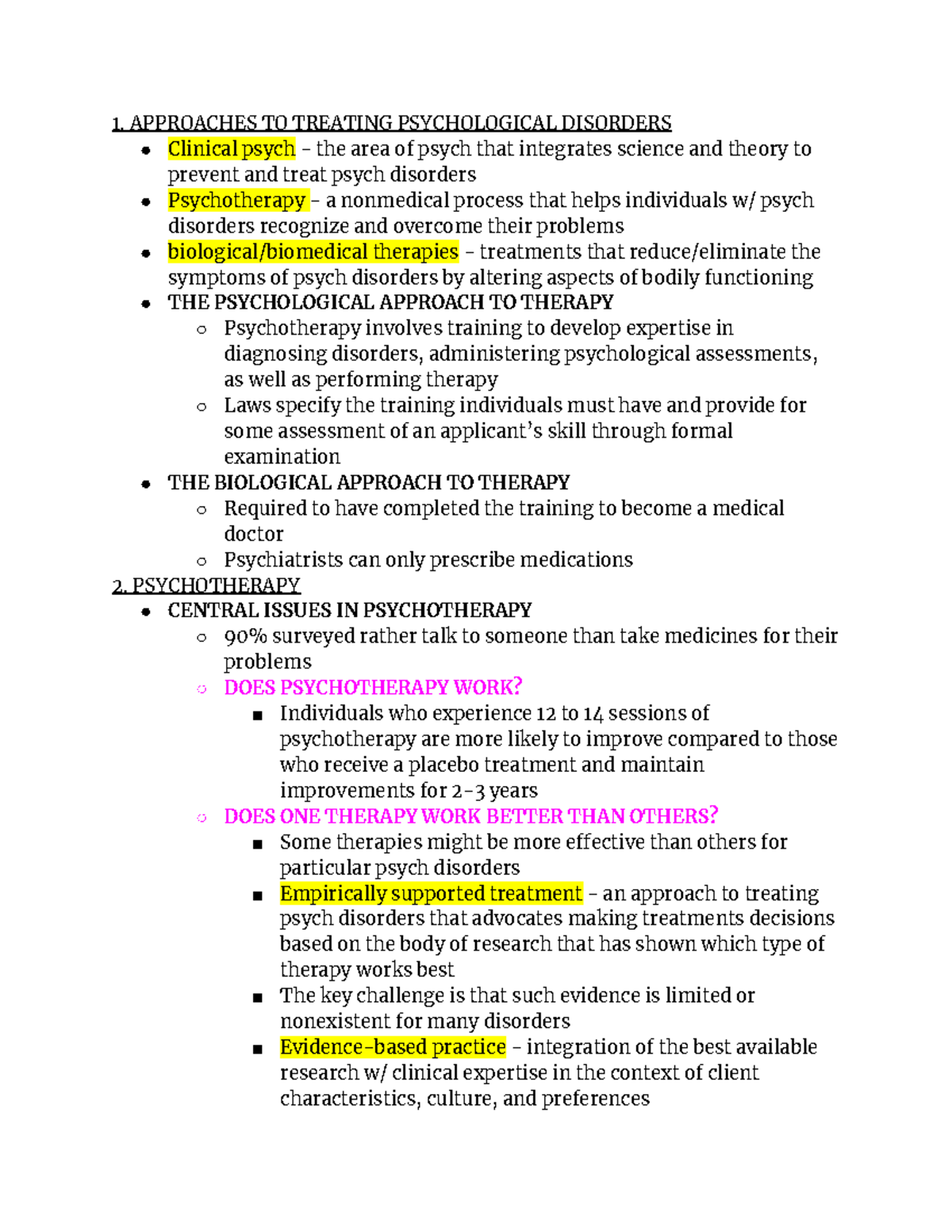 Psych Disorder Therapies - 1. APPROACHES TO TREATING PSYCHOLOGICAL ...