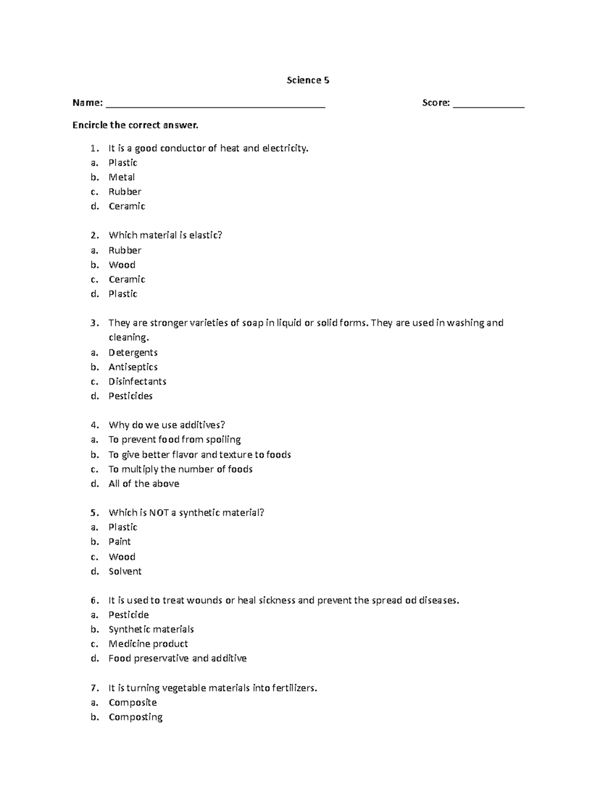 Science 5. Unit Quiz - Science 5 Name ...