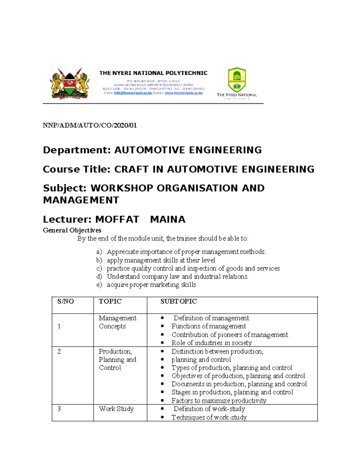 CMVM Course Outline TERM 3 - NNP/ADM/AUTO/CO/2020/ Department ...
