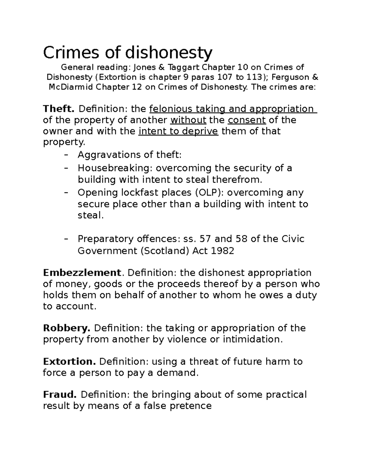 Crimes of dishonesty - The crimes are: Theft. Definition: the felonious ...