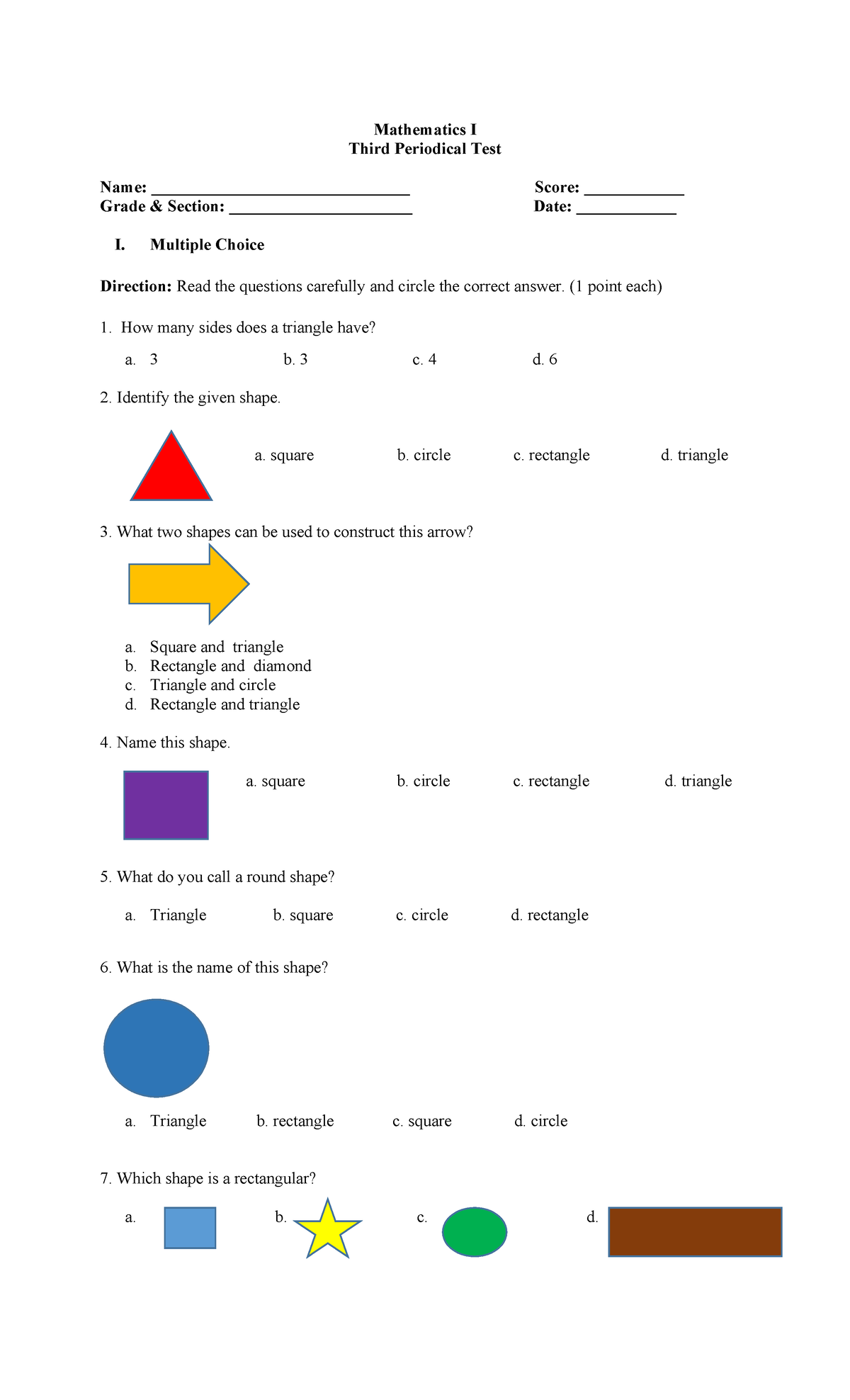 Test Questionnaires - math1 - Mathematics I Third Periodical Test Name ...