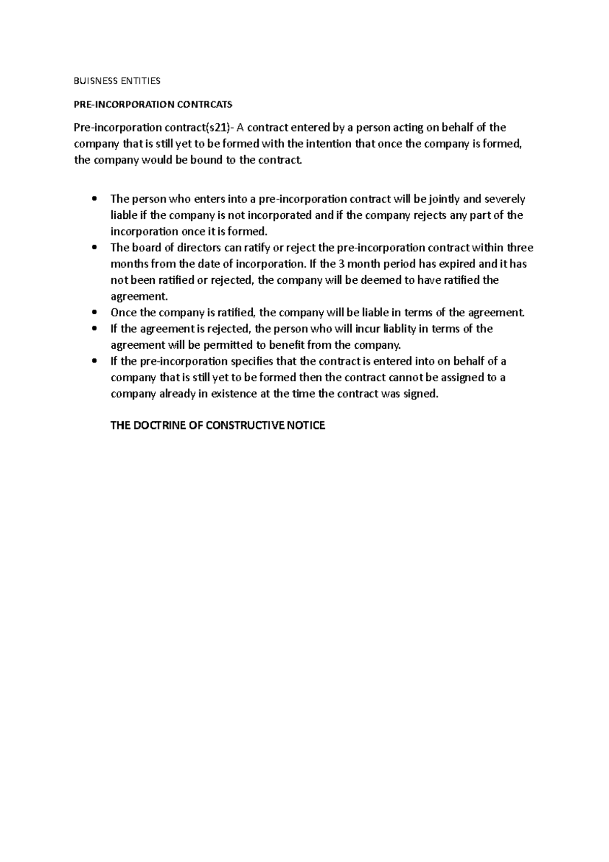 Buisness Entities - BUISNESS ENTITIES PRE-INCORPORATION CONTRCATS Pre ...