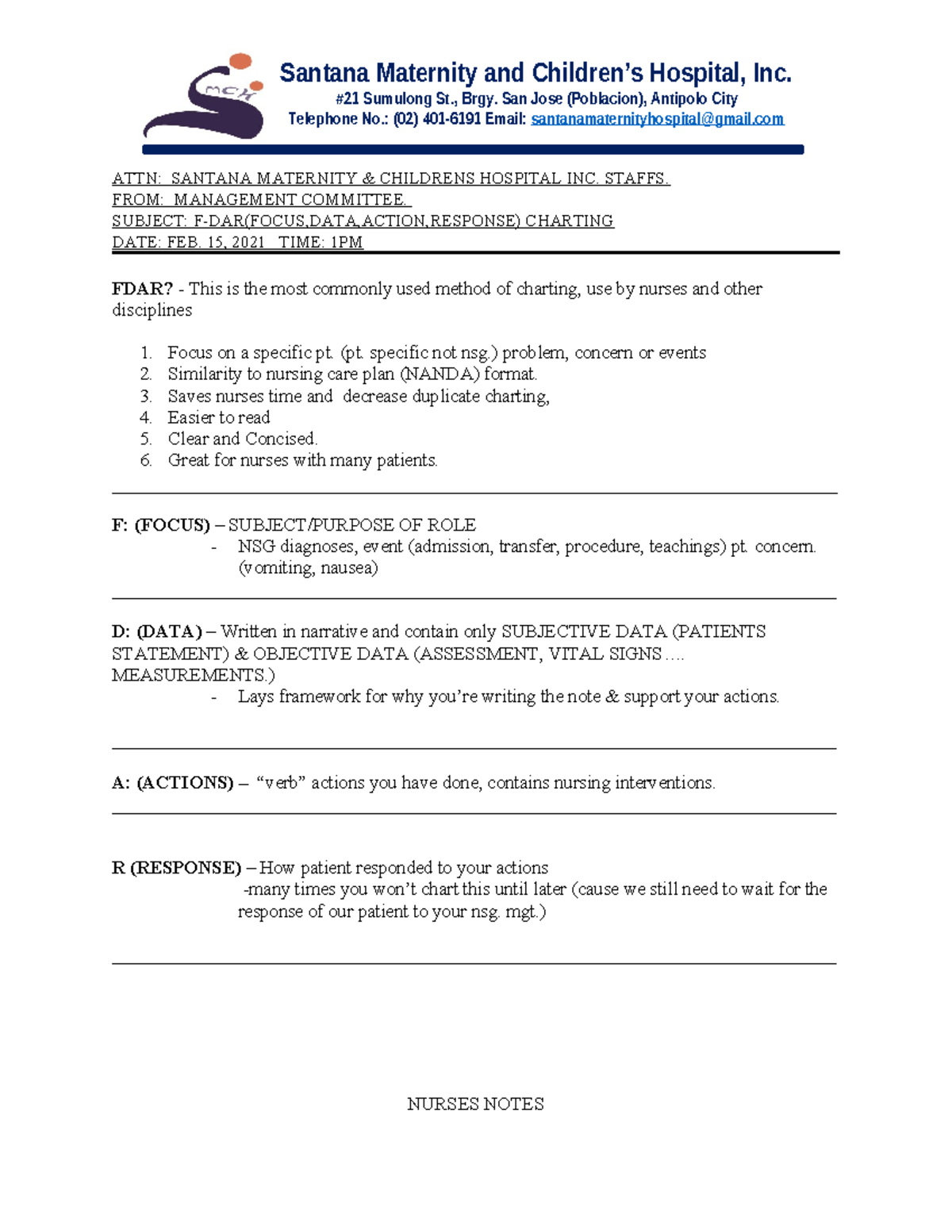 FDAR-lesson - For nursing student - Santana Maternity and Children’s ...