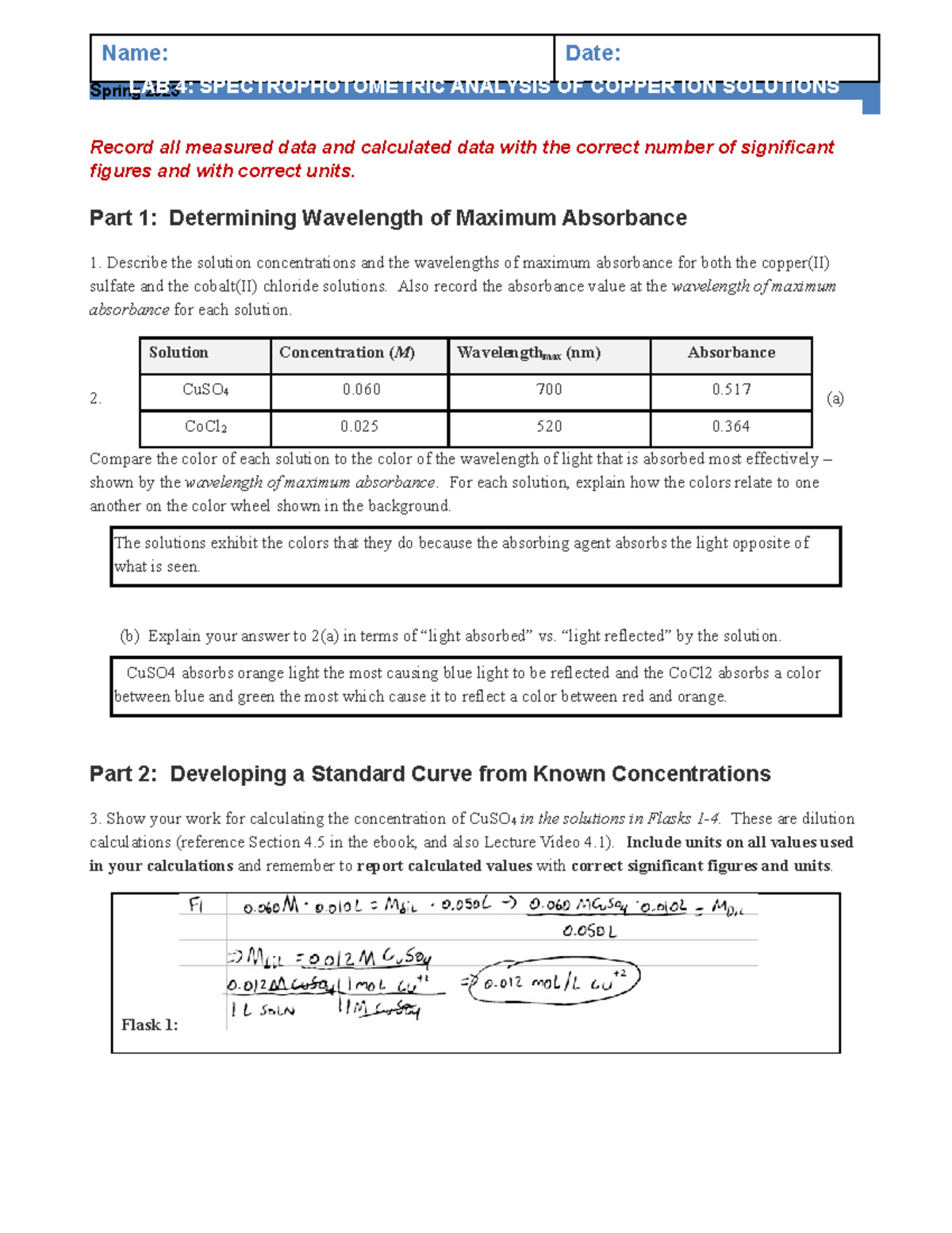 Lab 4 Spec Analysis of Cu S23 - Spring 2023 Record all measured data ...