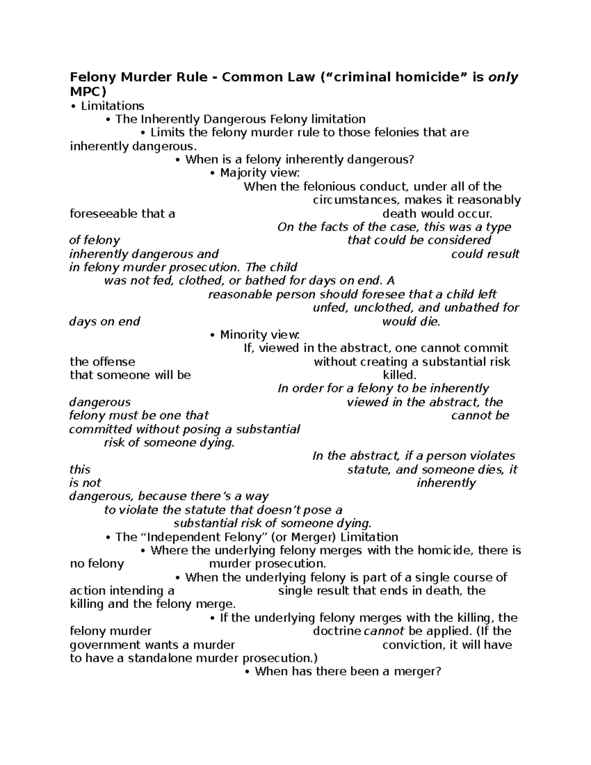 Exam Outlines - final exam practice essay questions - Felony Murder ...