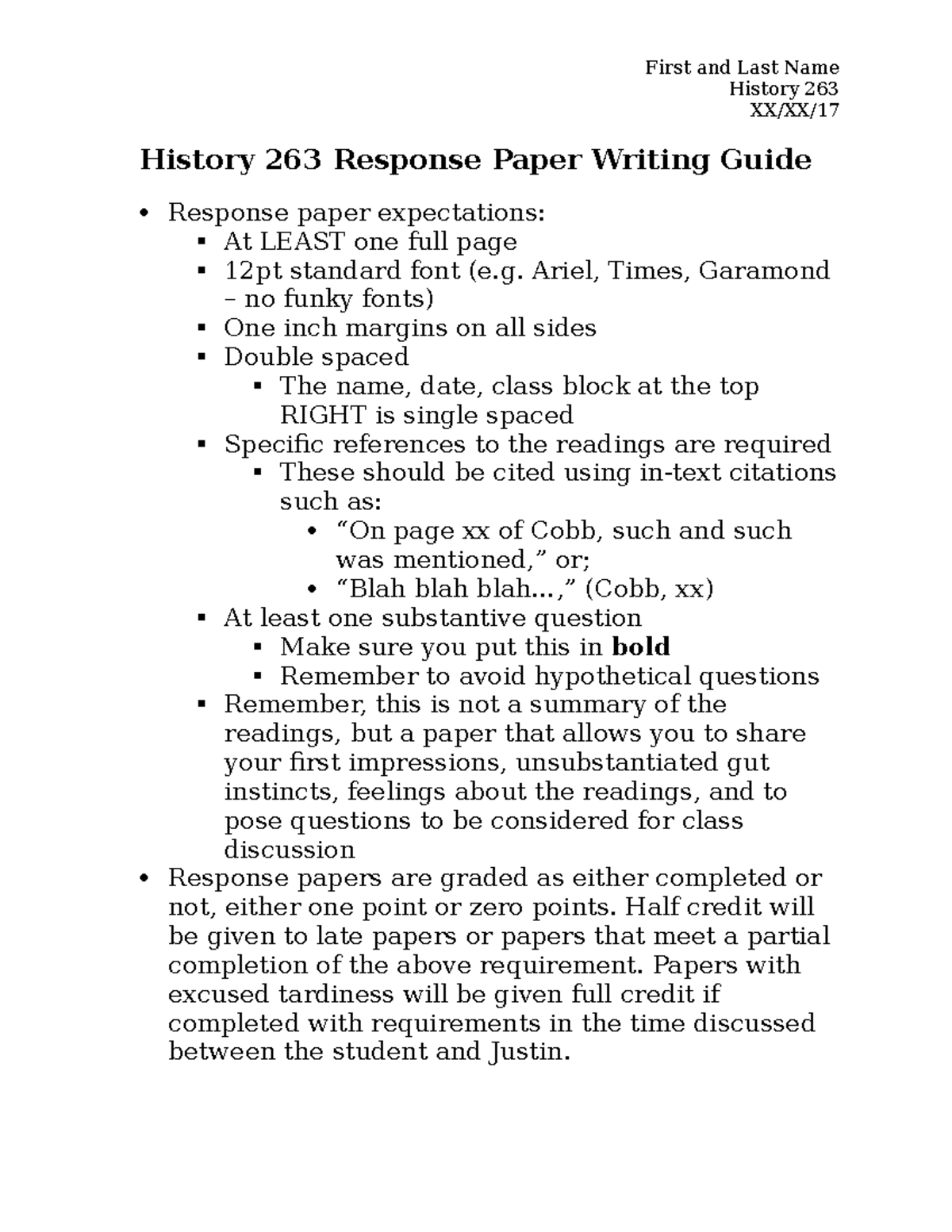 History 263 Response Paper Writing Guide - First and Last Name History ...