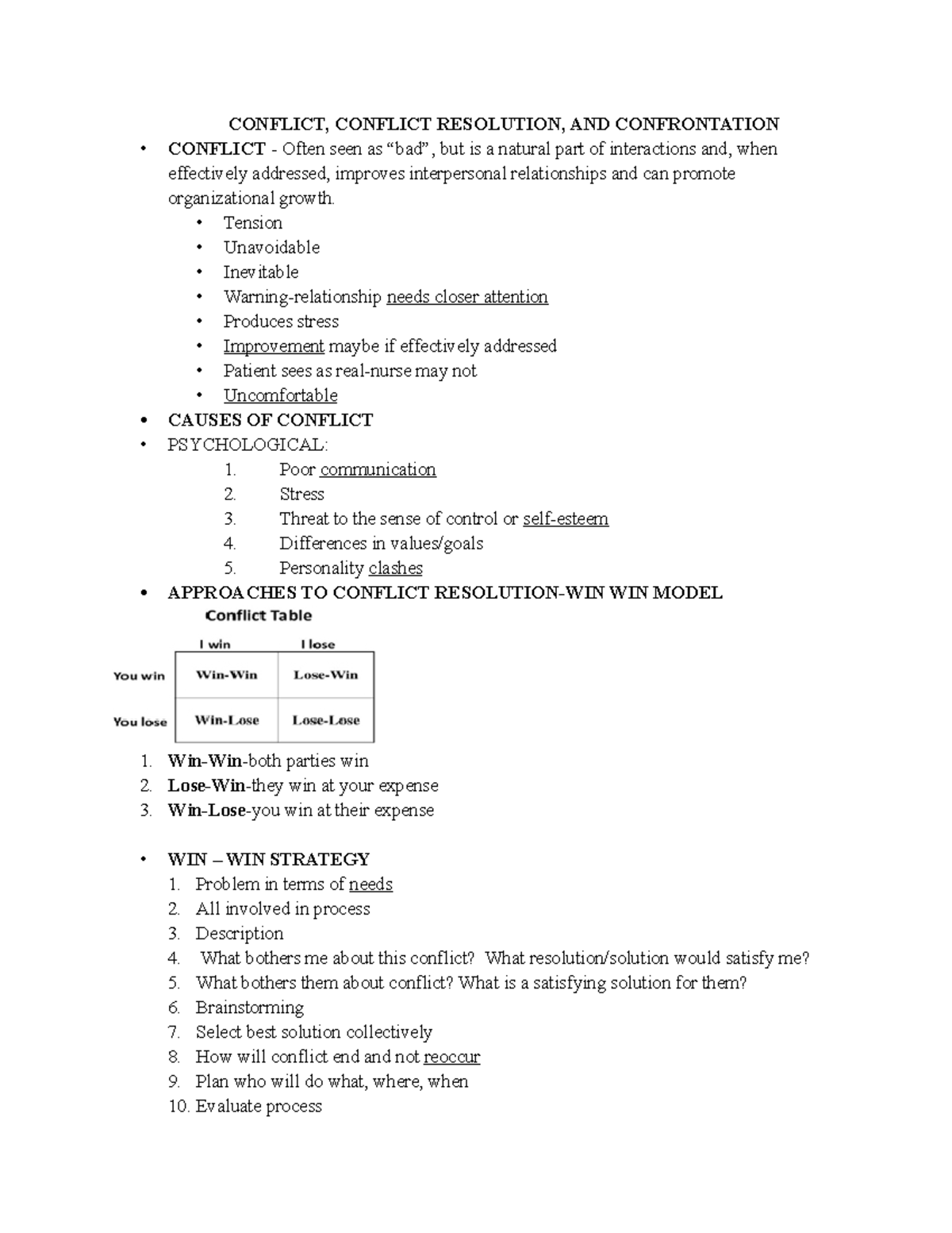 Conflict Lecture Notes - CONFLICT, CONFLICT RESOLUTION, AND ...