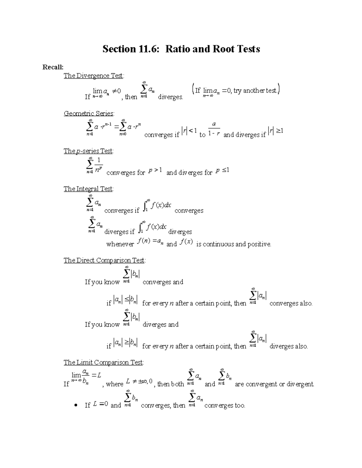 Section 11 - study problems - Section 11: Ratio and Root Tests Recall ...