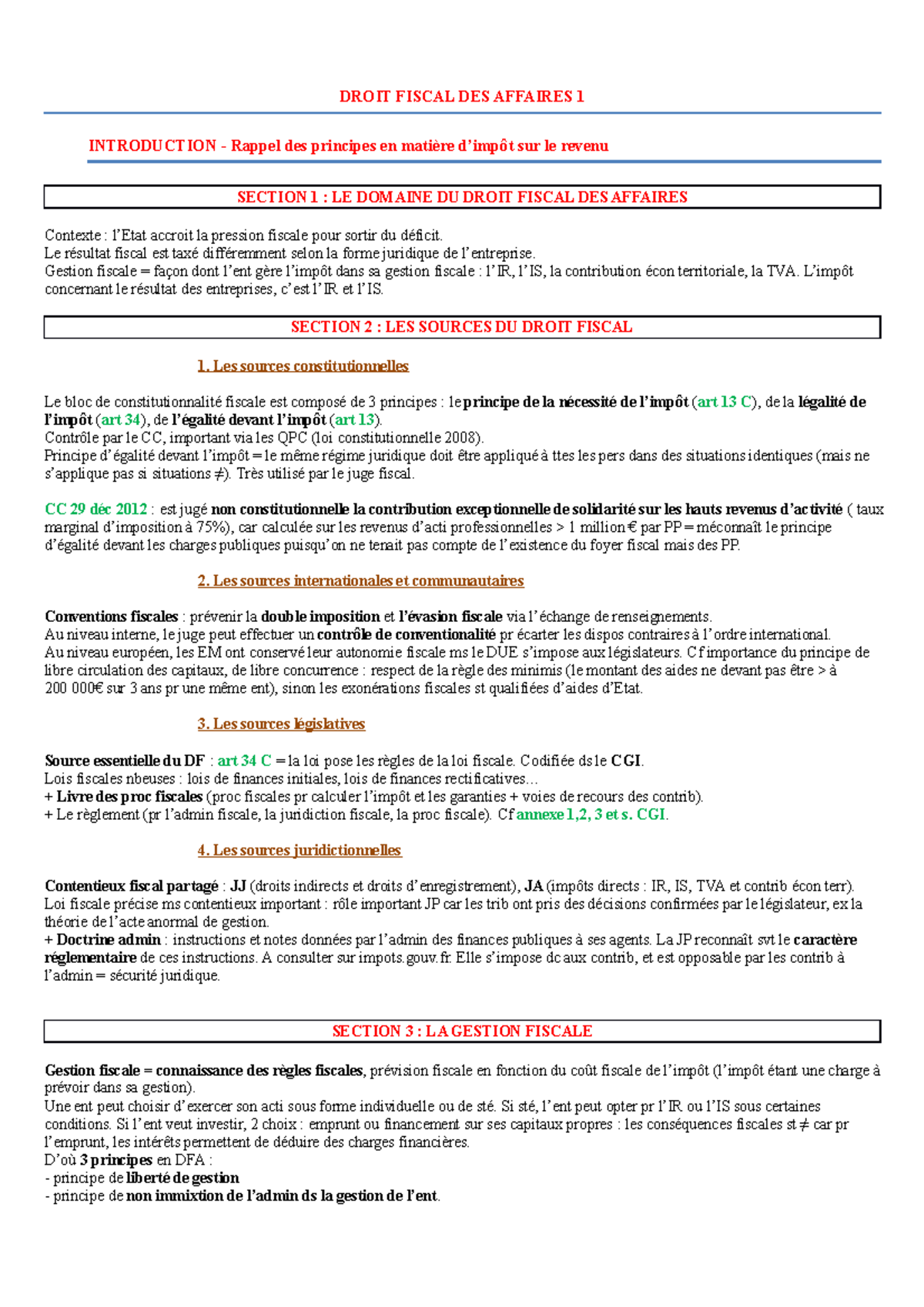 Fiches DFA 1 - DROIT FISCAL DES AFFAIRES 1 INTRODUCTION - Rappel des ...