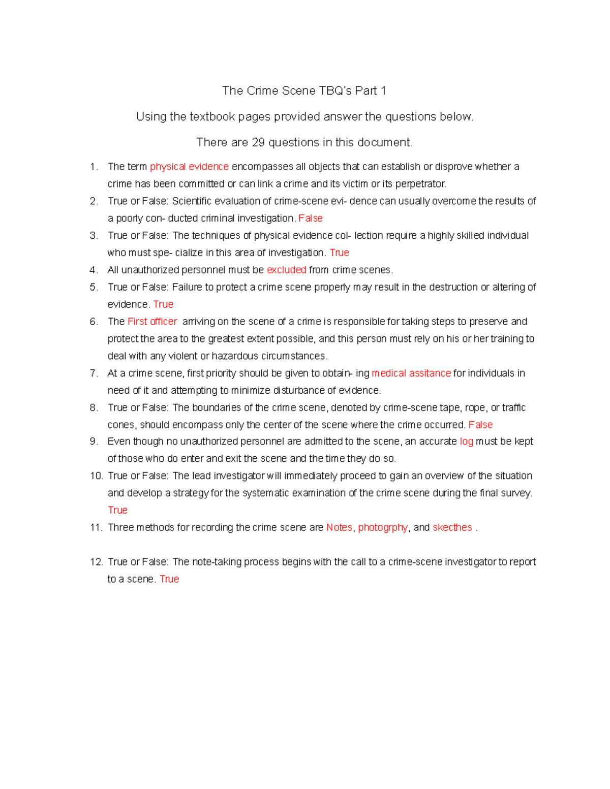 The Crime Scene TBQ’s Part 1 - There are 29 questions in this document ...