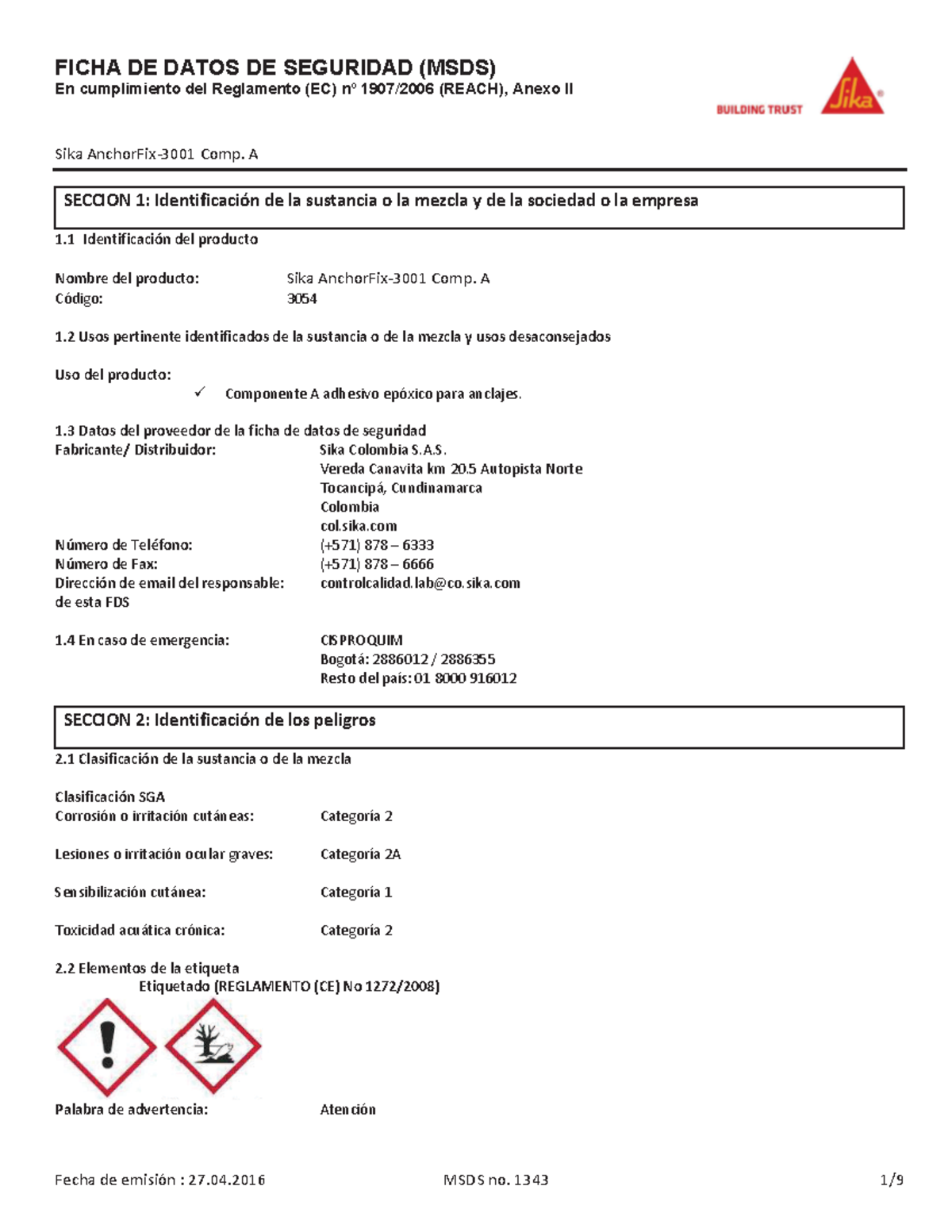 Co-hs Sika Anchor Fix 3001 - FICHA DE DATOS DE SEGURIDAD (MSDS) En ...