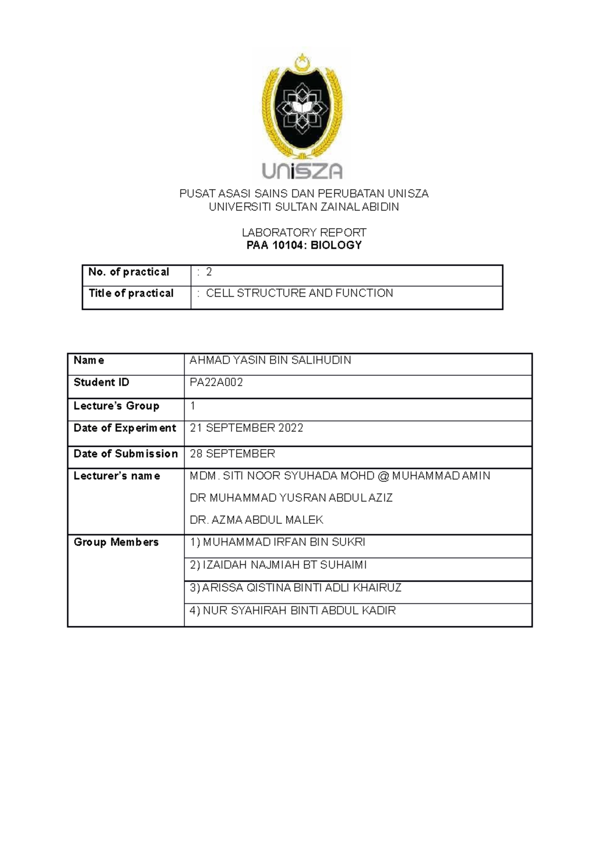 CELL Structure AND Function lab rep - PUSAT ASASI SAINS DAN PERUBATAN ...