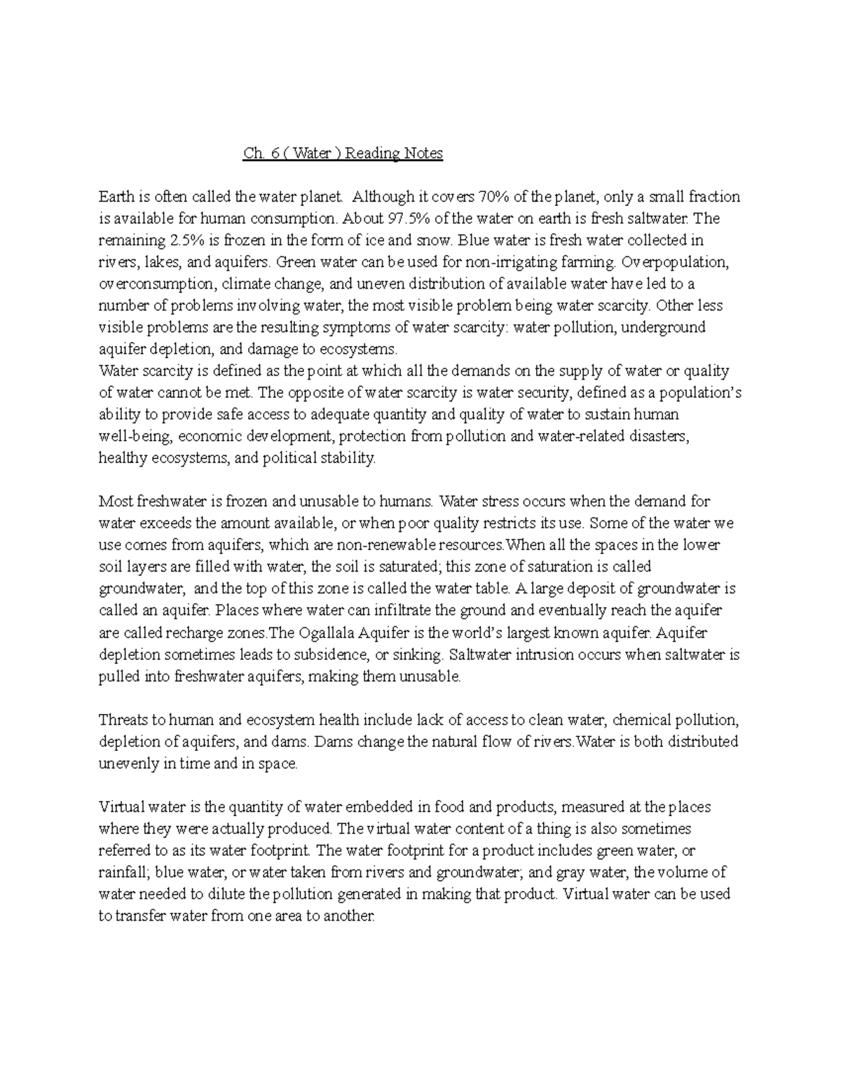 Ch. 6 ( Water) Reading Notes - Ch. 6 ( Water ) Reading Notes Earth is ...