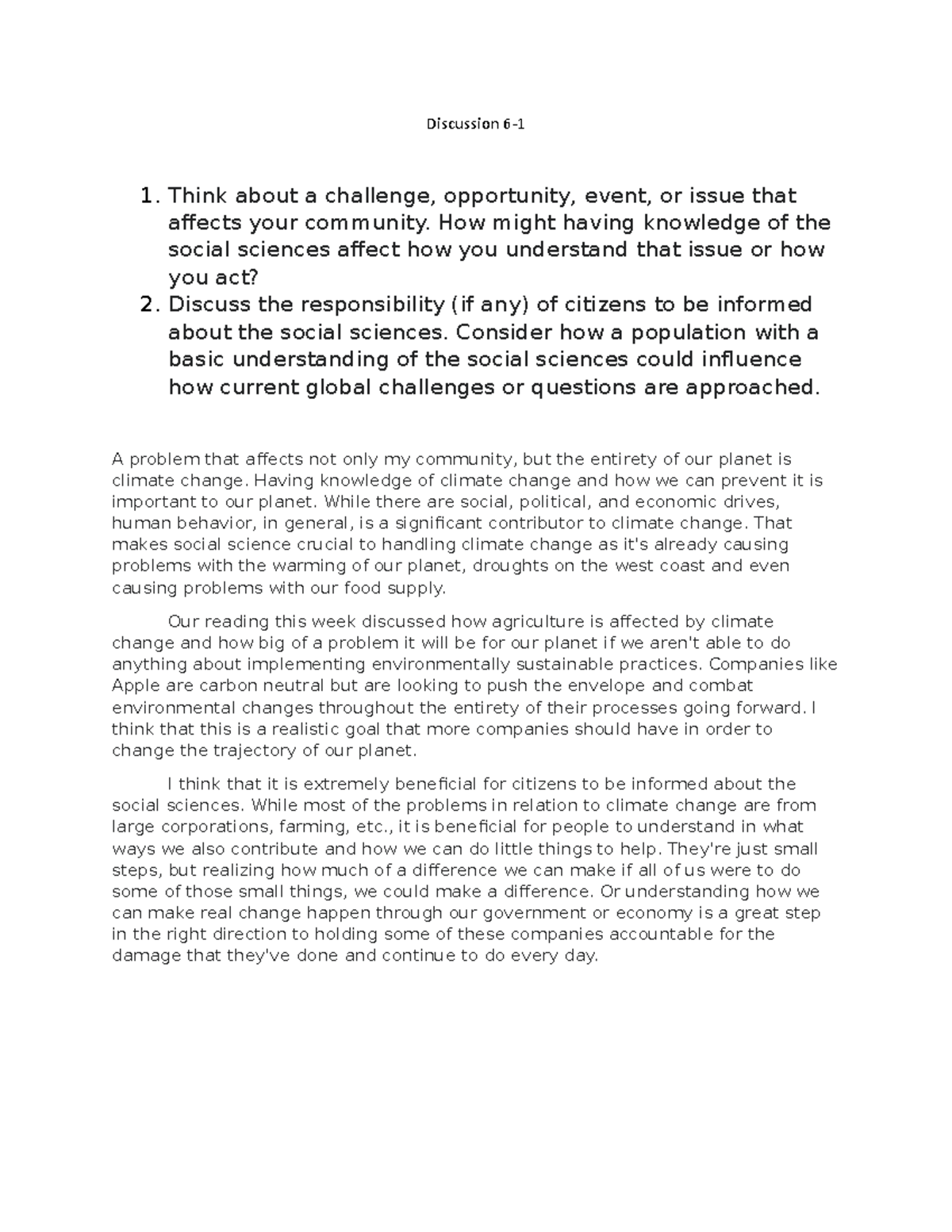 Social Science Discussion 6-1 - Discussion 6- 1. Think about a ...