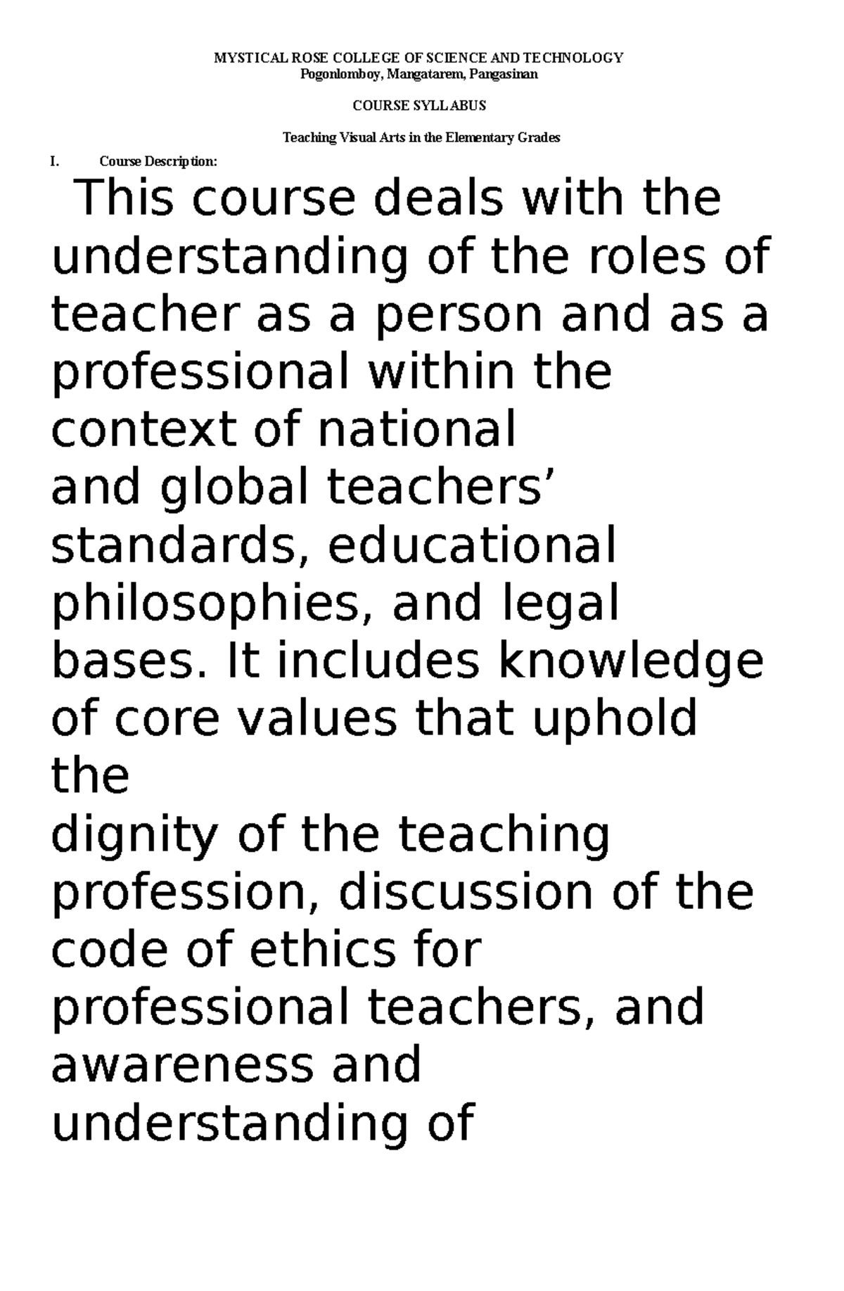Teaching Arts - fffff - MYSTICAL ROSE COLLEGE OF SCIENCE AND TECHNOLOGYPogonlomboy, Mangatarem ...