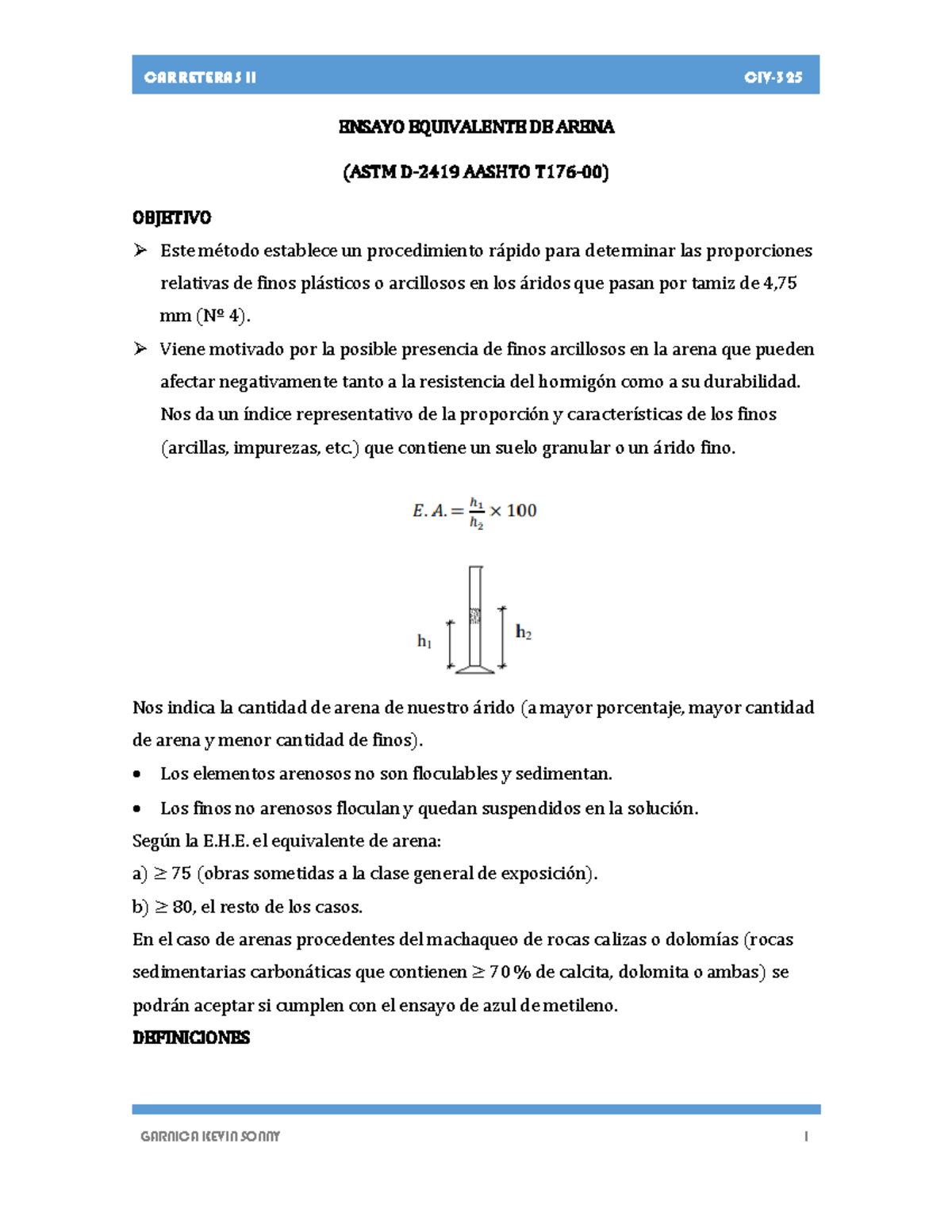 Ensayo Equivalente DE Arena - ENSAYO EQUIVALENTE DE ARENA (ASTM D-2419 ...