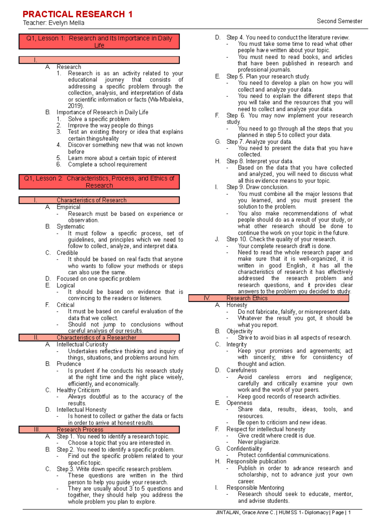 S2- Practical Research 1 - PRACTICAL RESEARCH 1 Teacher: Evelyn Mella ...