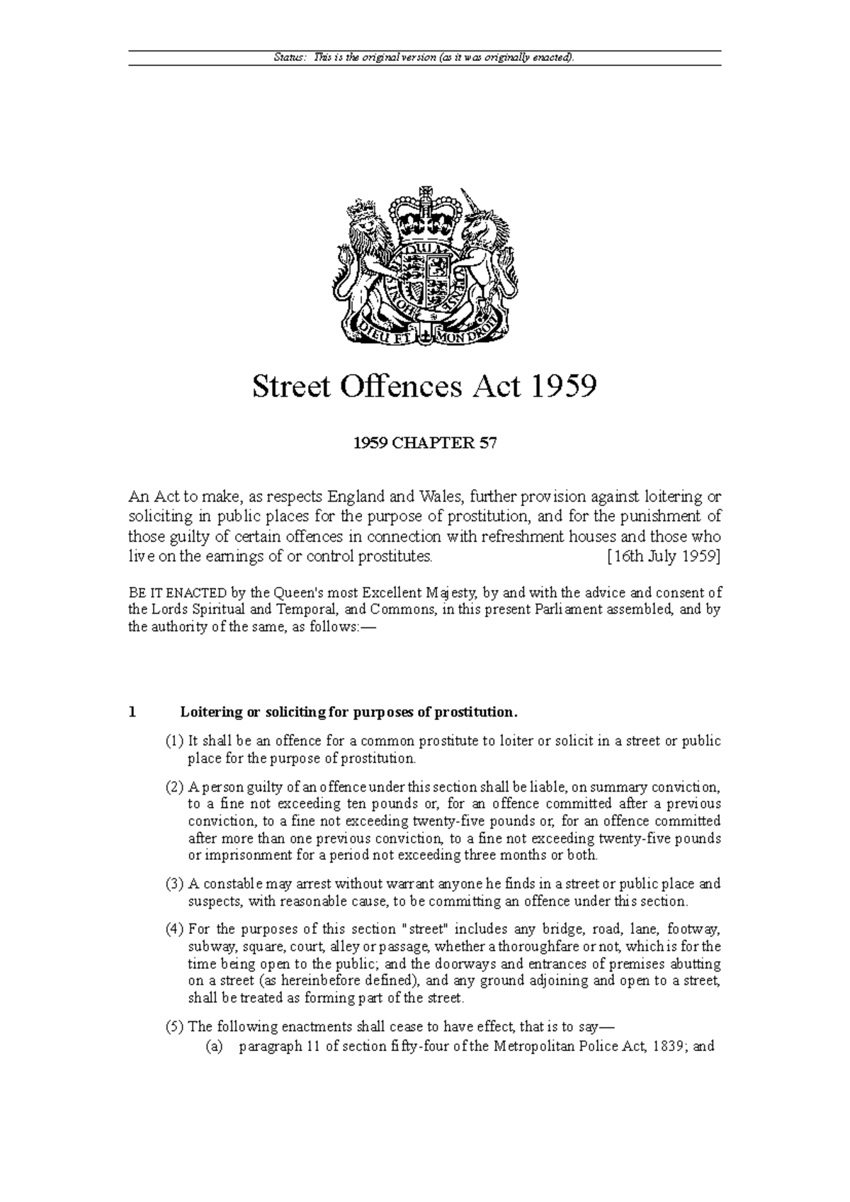 Street offences - Statutes - Status: This is the original version (as ...