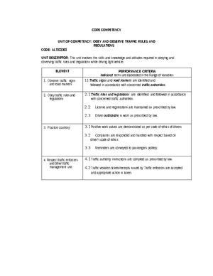 Driving NCII CORE 4 TR - Regulation - CORE COMPETENCY UNIT OF COMPETENCY: IMPLEMENT AND ...