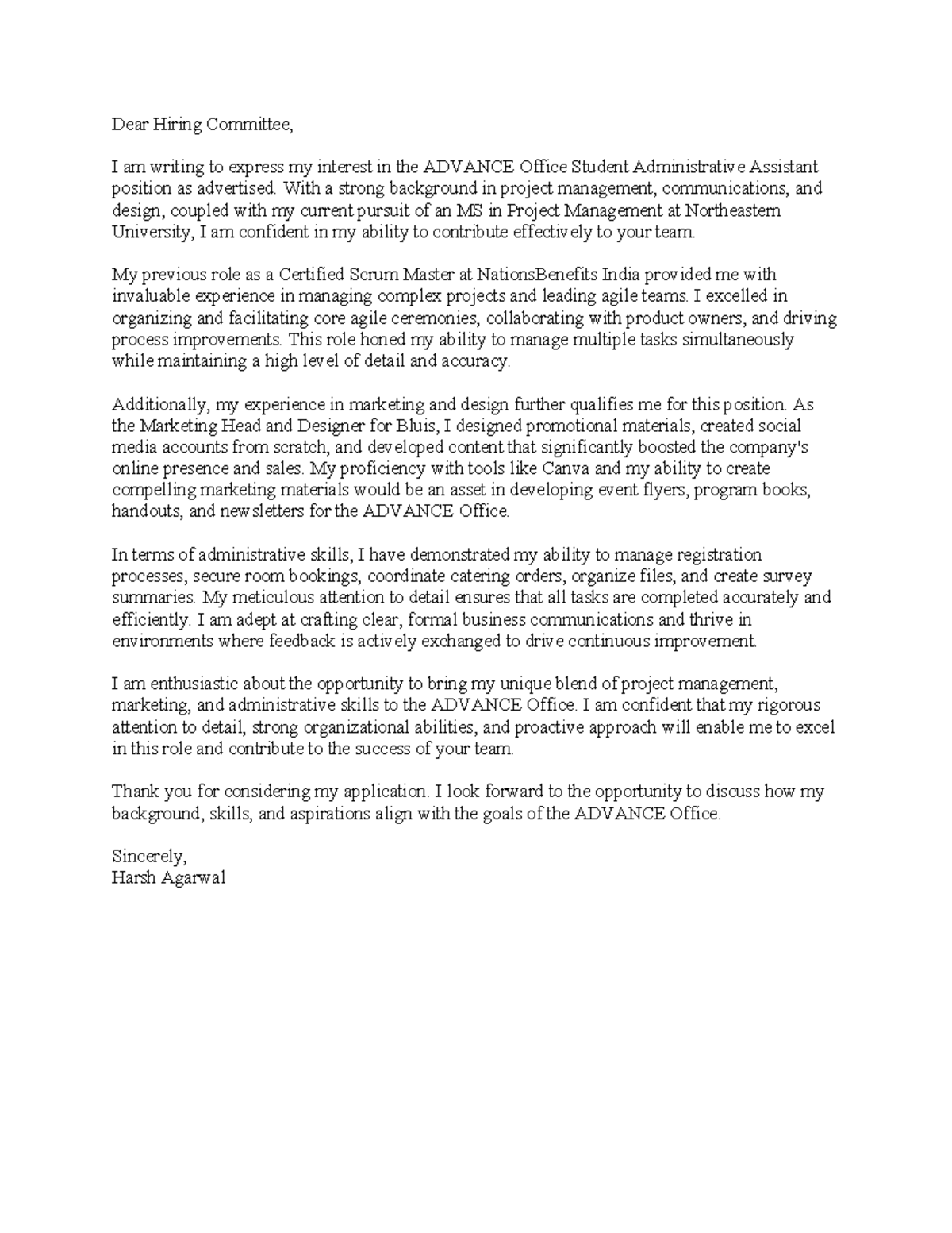 Cover Letter- Advance Office Student Administrative Assistant - Dear ...