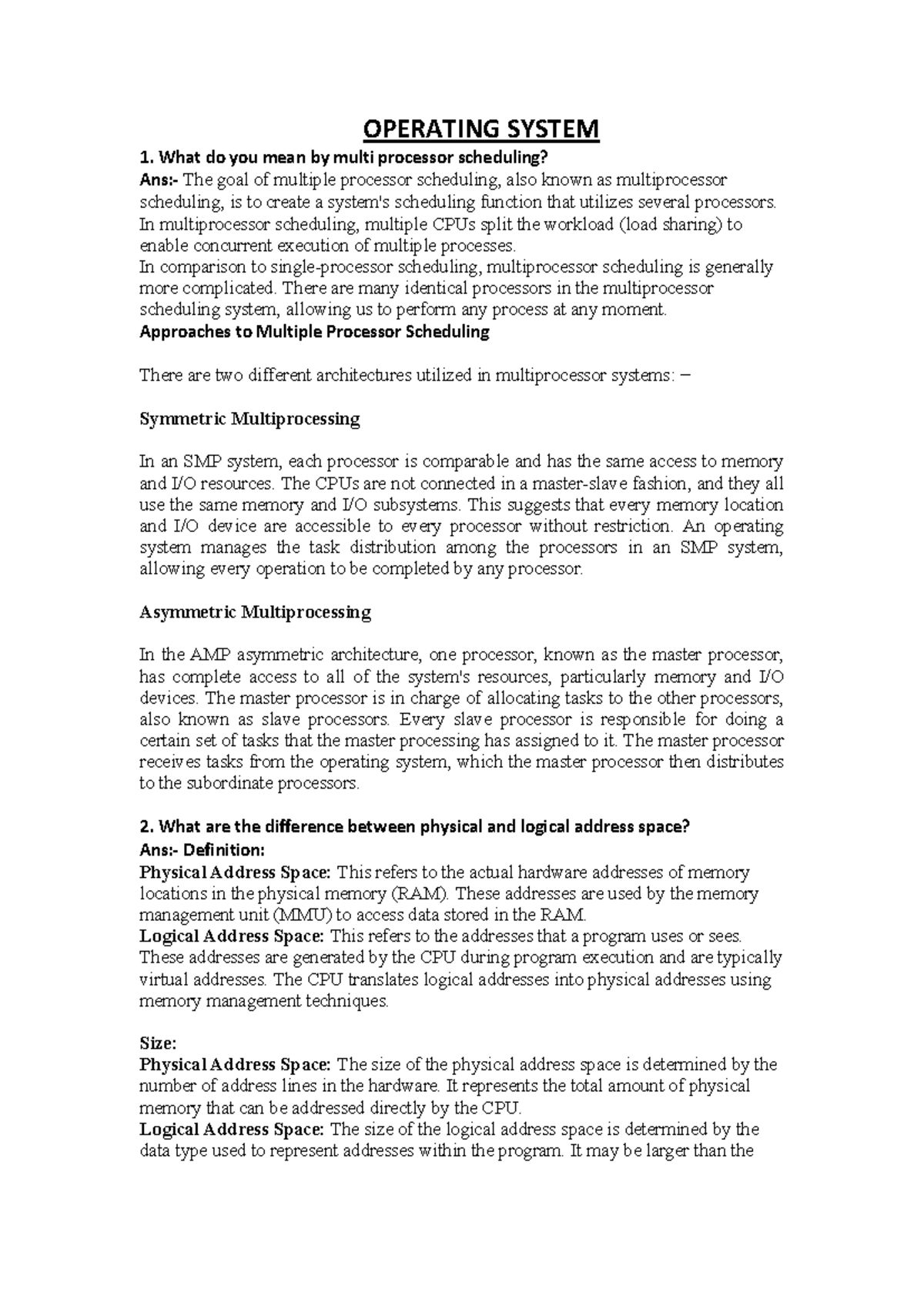 Operating System - OPERATING SYSTEM 1. What do you mean by multi ...