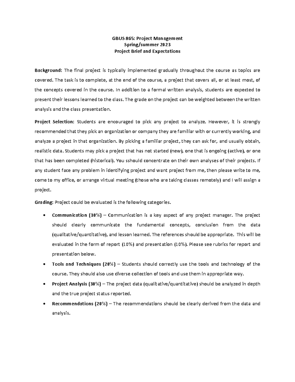 GBUS 865 - Project Brief and Expectations - GBUS 865: Project ...