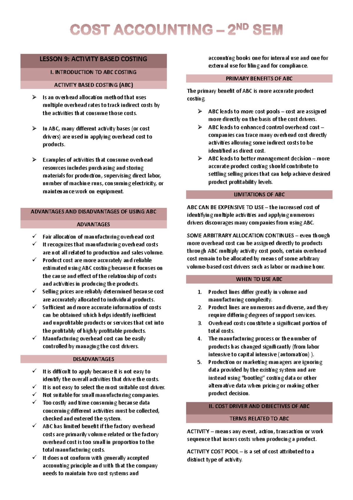 Activity Based Costing - Cost Acctg - COST ACCOUNTING – 2 SEM LESSON 9: ACTIVITY BASED COSTING I ...