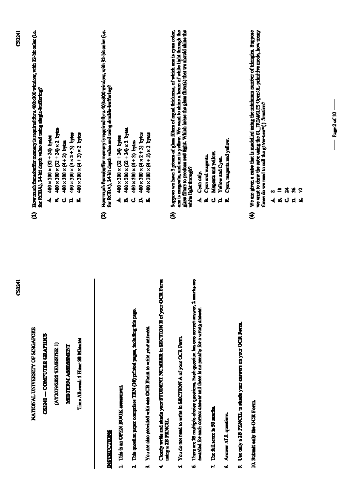 CS3241 midterm 1920s1 - CS3241 CS3241 NATIONAL UNIVERSITY OF SINGAPORE (1) How much framebuffer ...