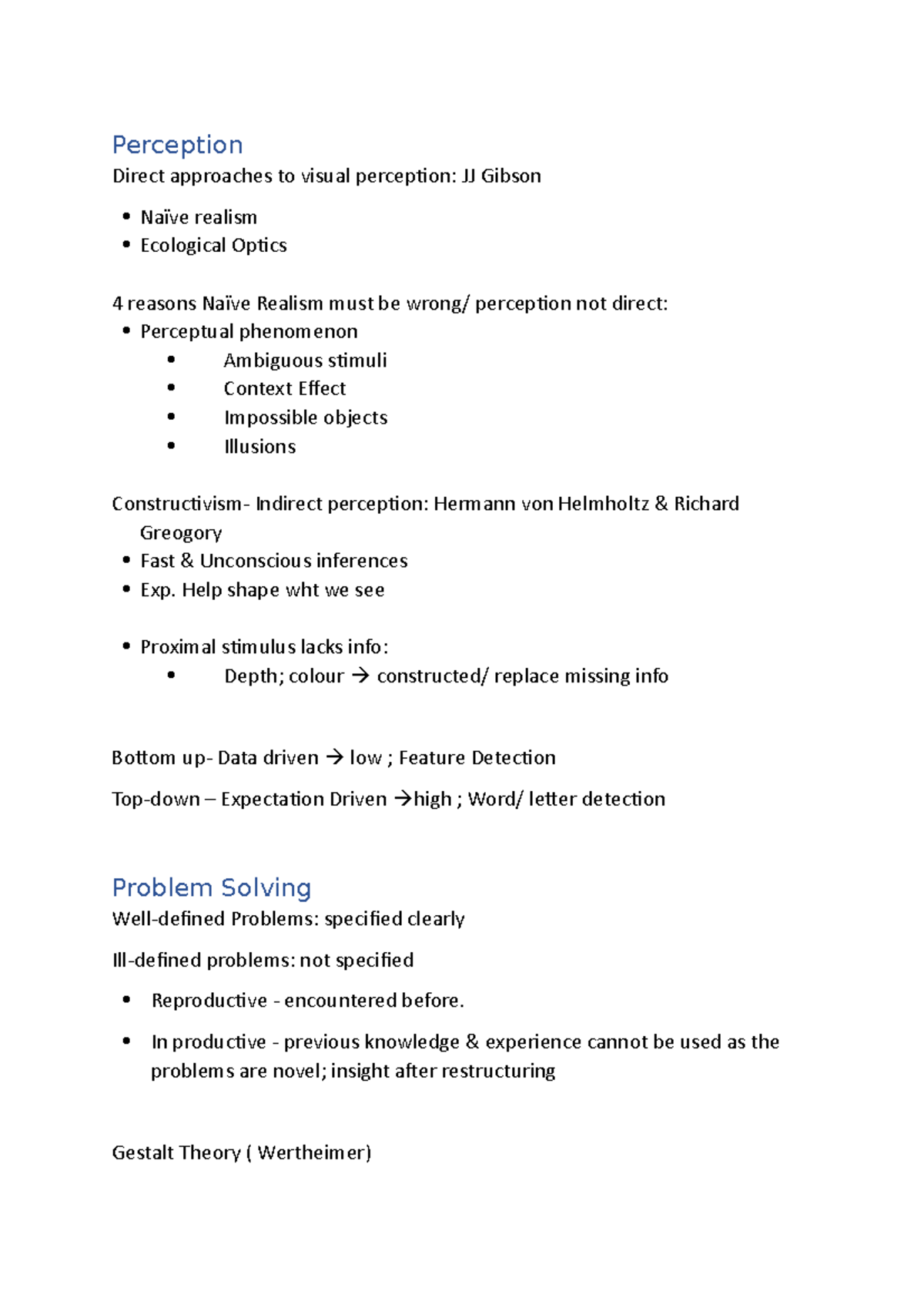 Cognitive psychology notes - Perception Direct approaches to visual ...