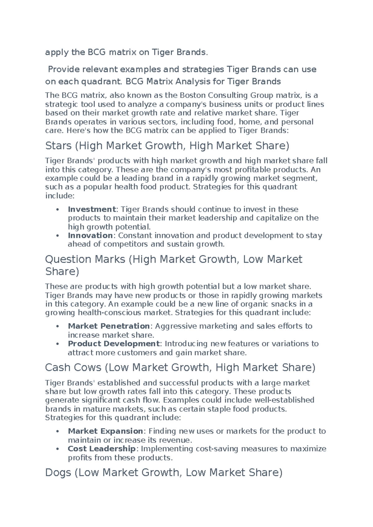 BCG Matrix Analysis for Tiger Brands - apply the BCG matrix on Tiger ...