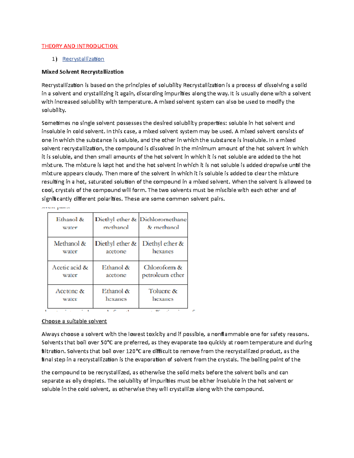EXP 1 - THEORY AND INTRODUCTION Recrystallization Mixed Solvent ...