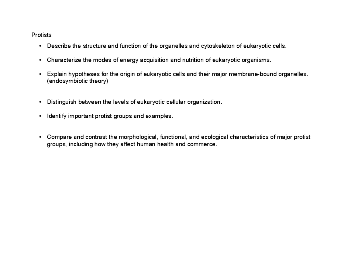 Study Guide for Exam 2 Protists-1 - Protists Describe the structure and ...