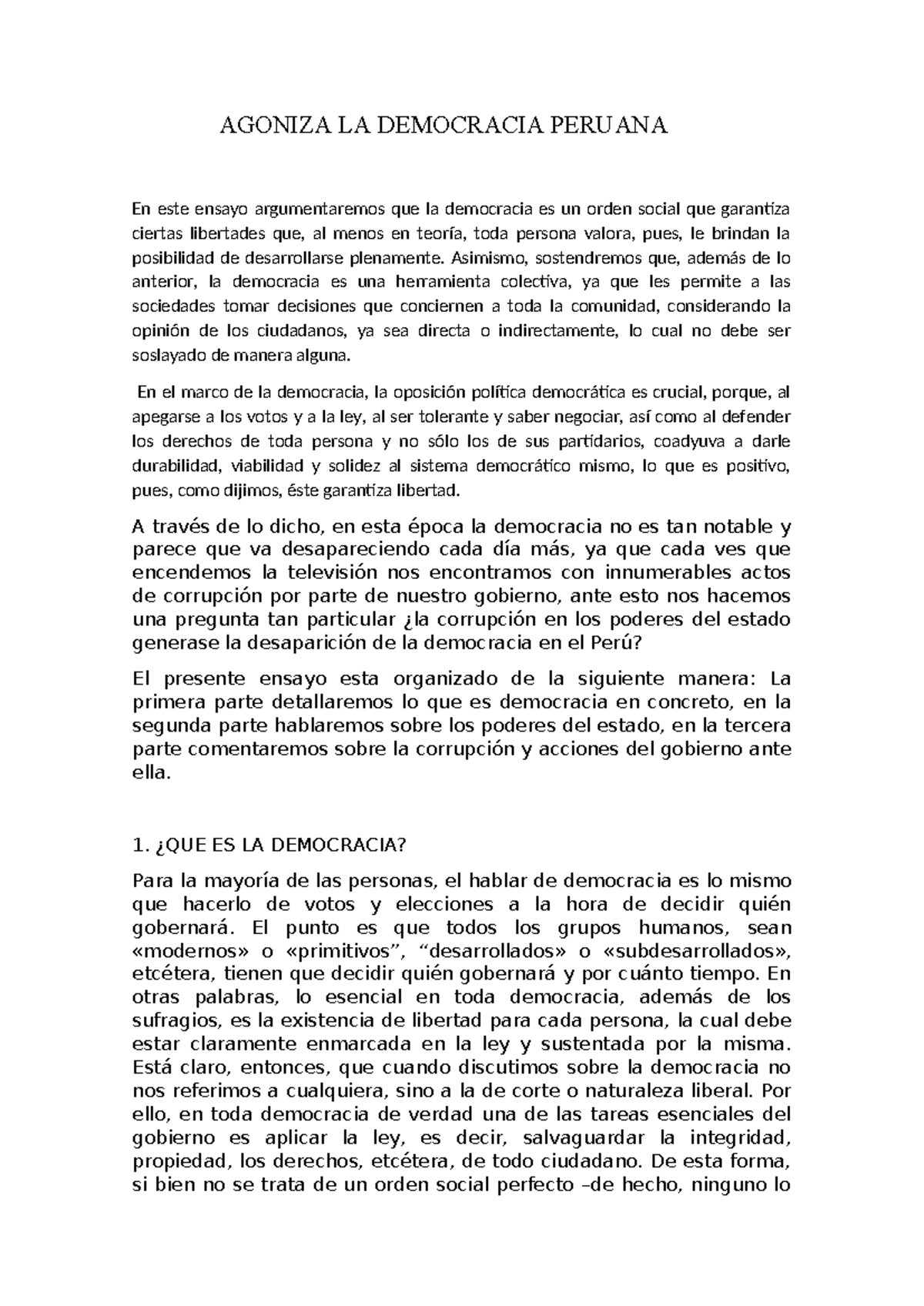 ensayo sobre la democracia peruana atraves de los años y como ha ido ...