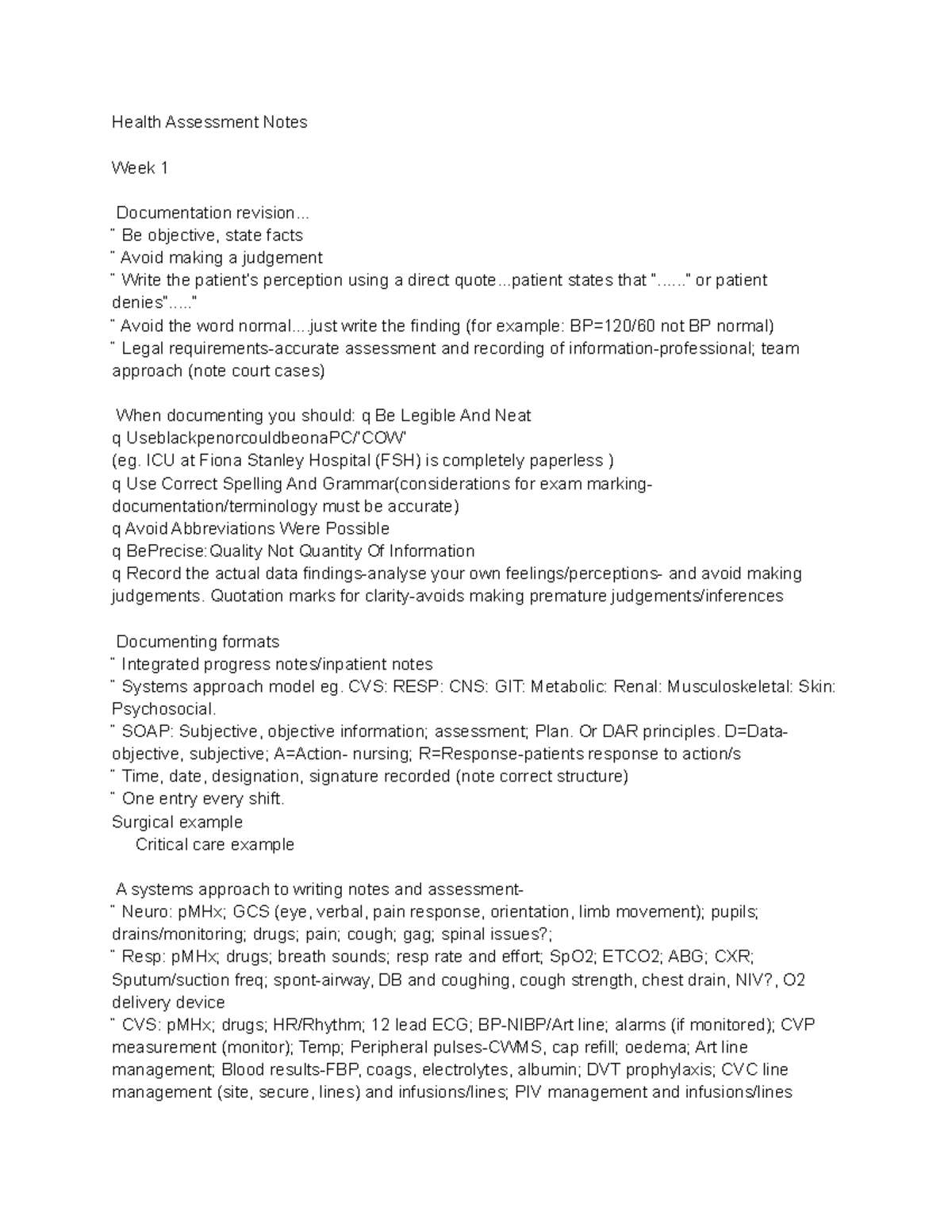 Health Assessment Notes - .. ̈ Be objective, state facts ̈ Avoid making ...