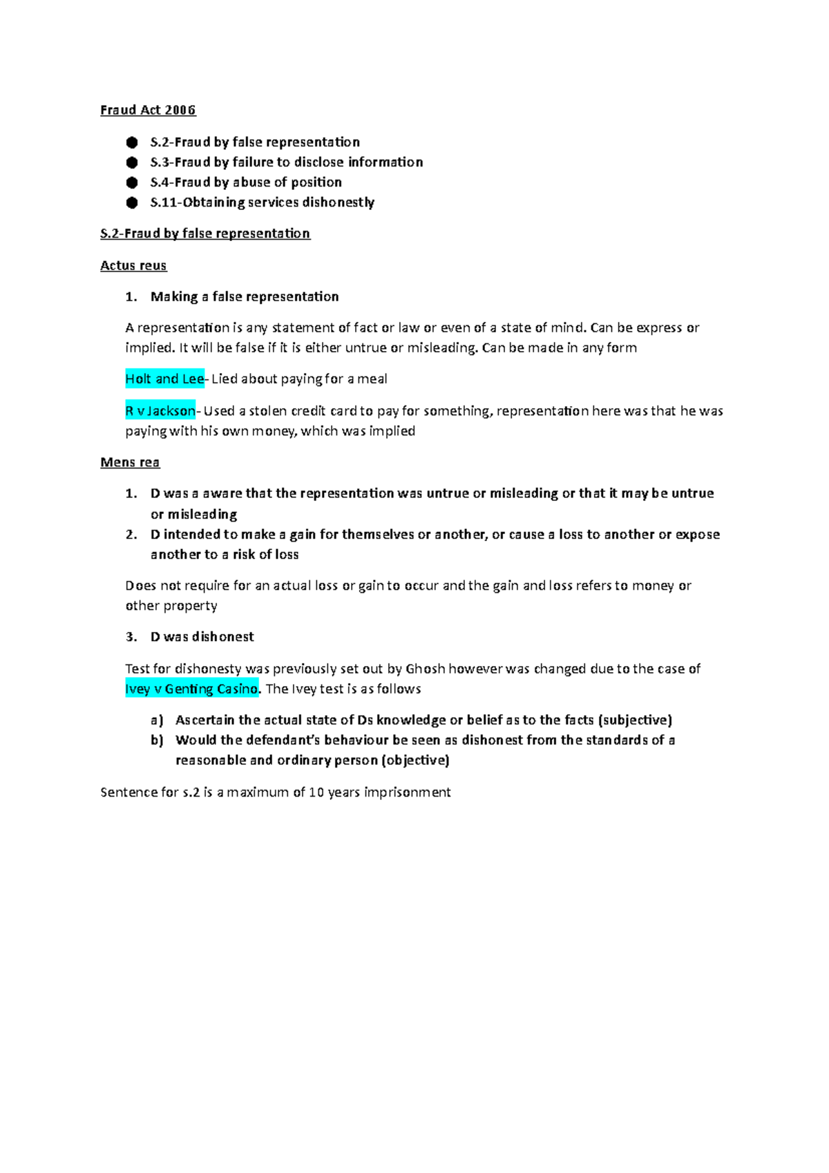 Criminal Law 2 - Fraud Act 2006 S-Fraud by false representation S-Fraud ...