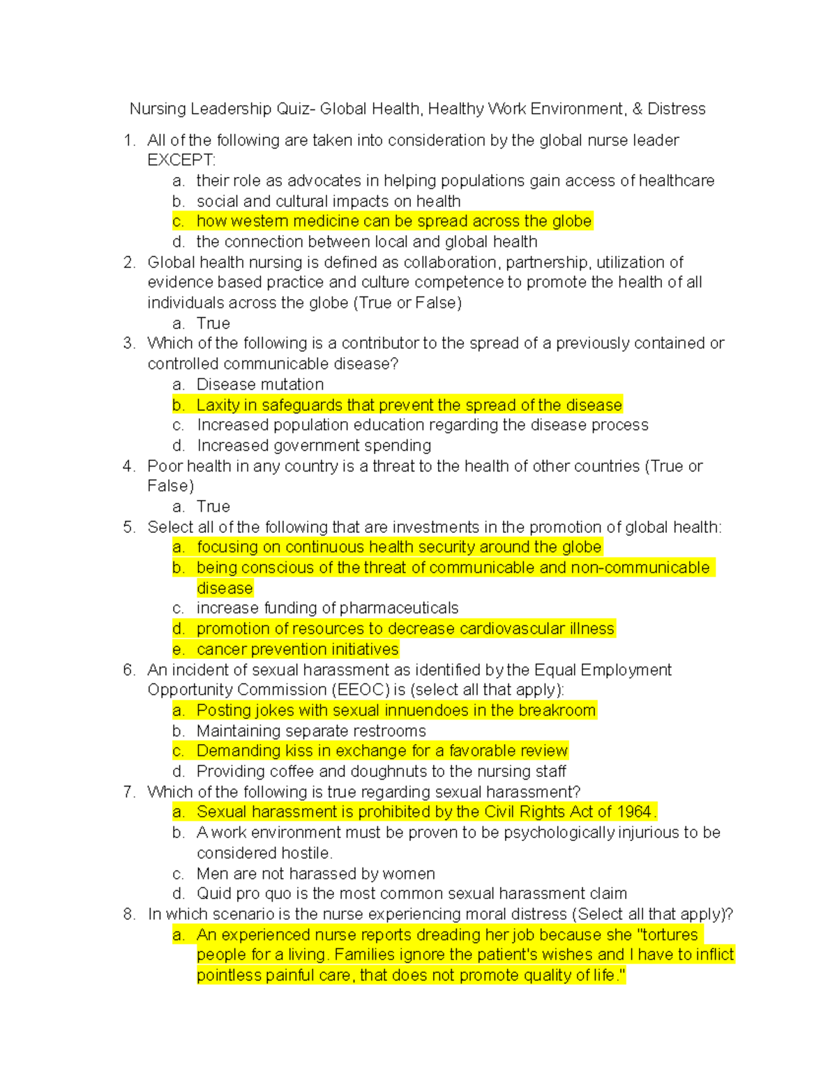 Nursing Leadership Quiz Global Health Healthy Work Environment Distress ...